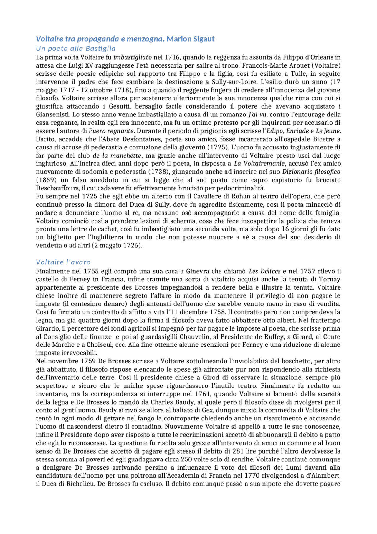 Riassunto Di Voltaire Tra Propaganda E Menzogna M Sigaut Docsity