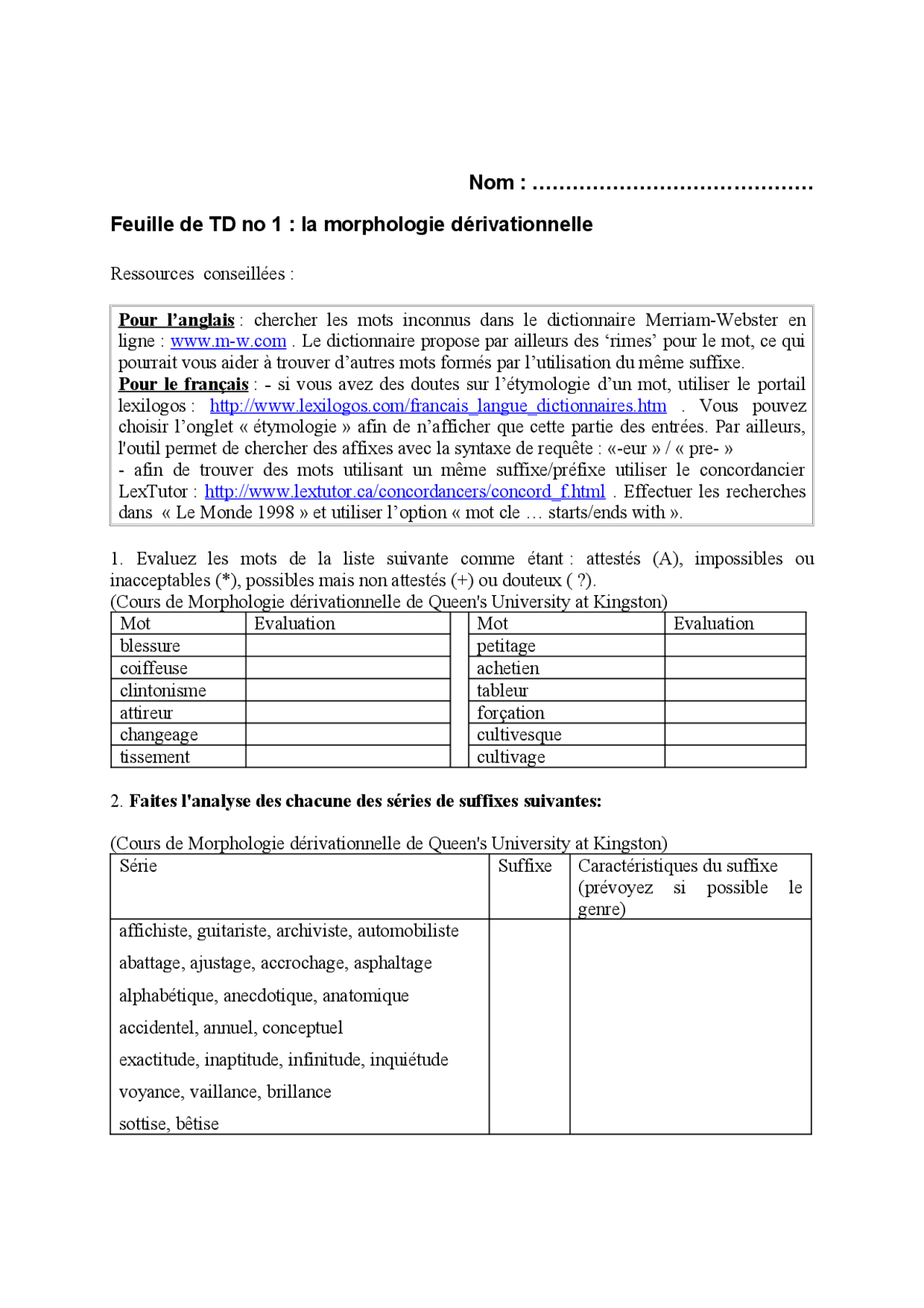 Exercice sur l'analyse morphologique des mots - Docsity