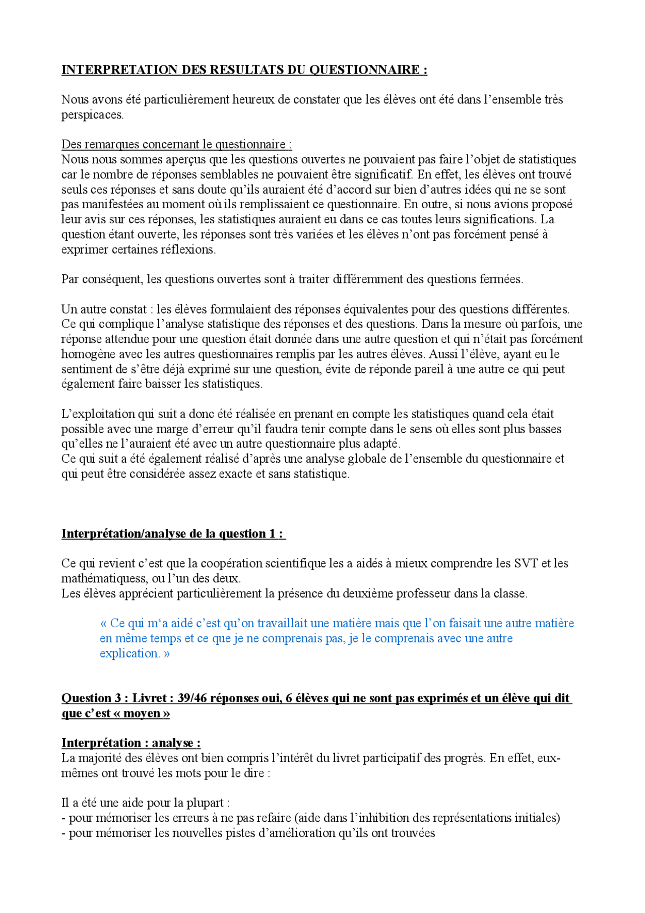 Analyse des résultats d'un questionnaire - Docsity