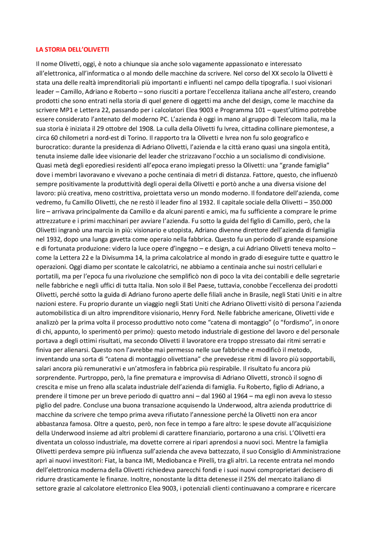 Ricerca Su Adriano Olivetti Docsity