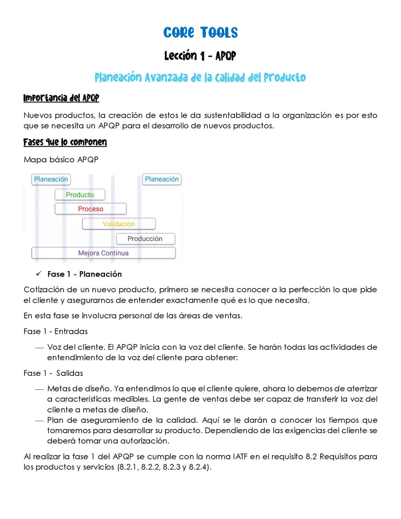 Core Tools - Lección 1 | Apuntes de Gestión de Calidad | Docsity