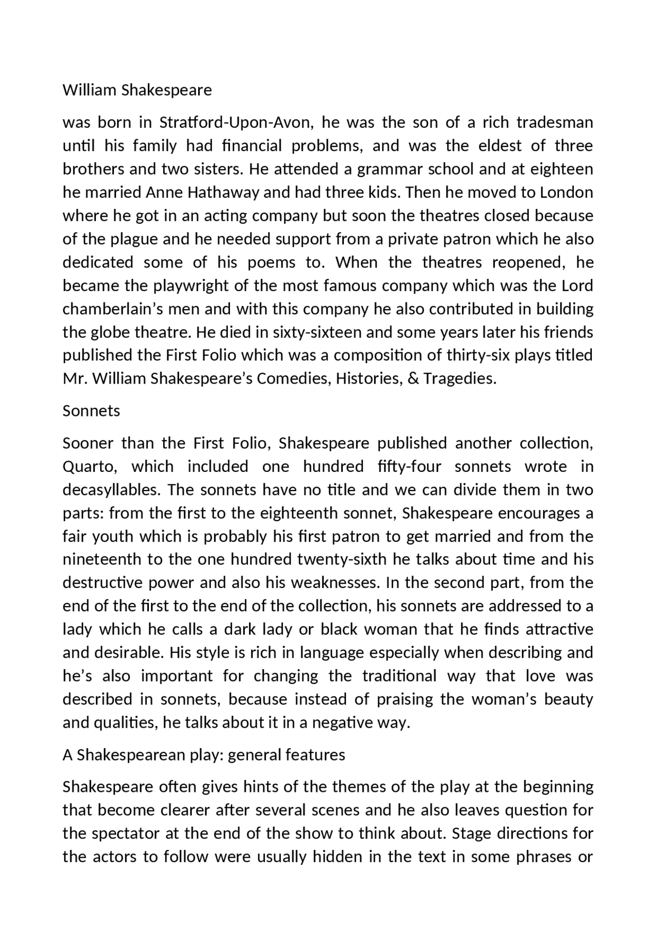 William Shakespeare and his works - Docsity