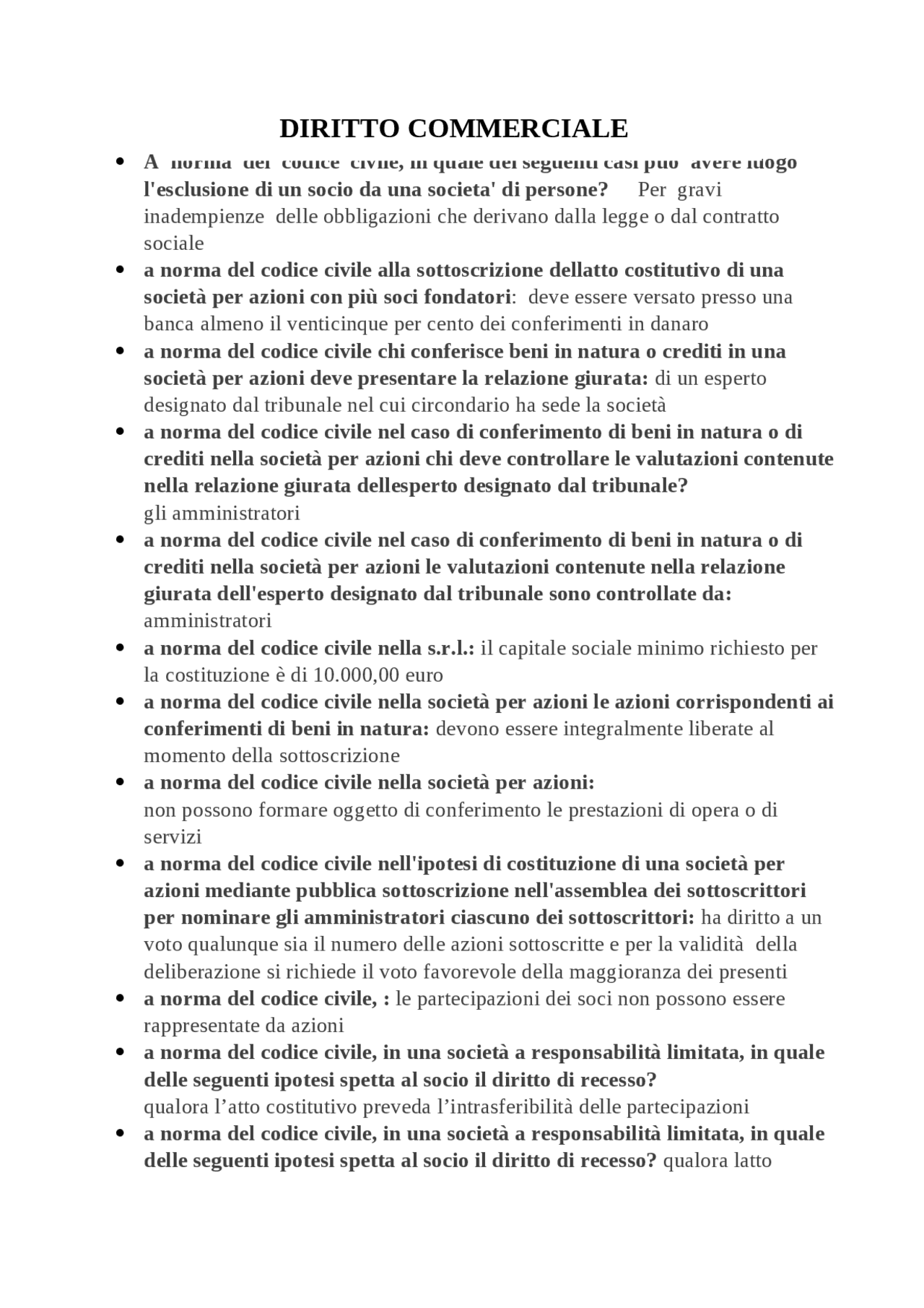 Domande DIRITTO COMMERCIALE - Docsity