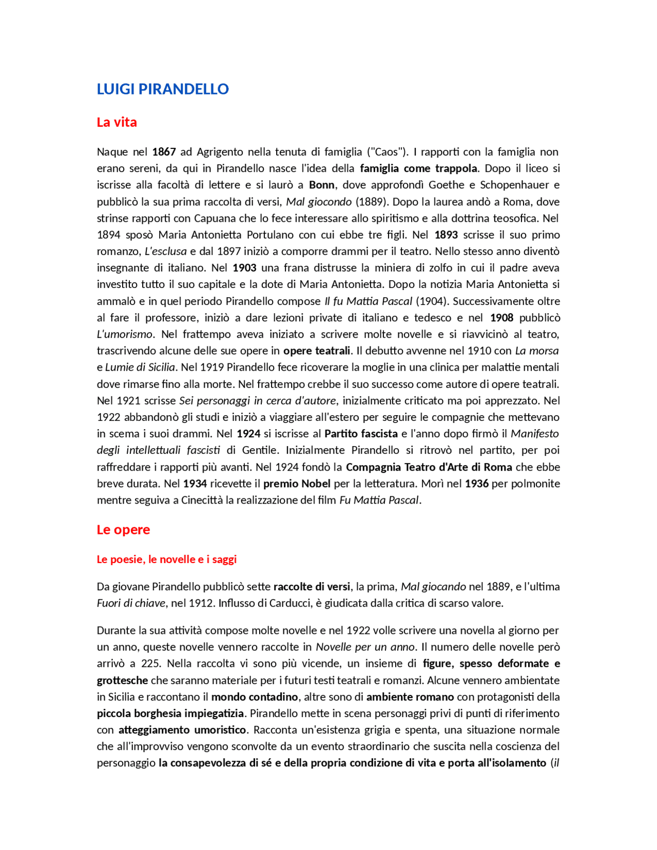 Pirandello: Vita e Opere | Appunti di Lingue e letterature classiche | Docsity