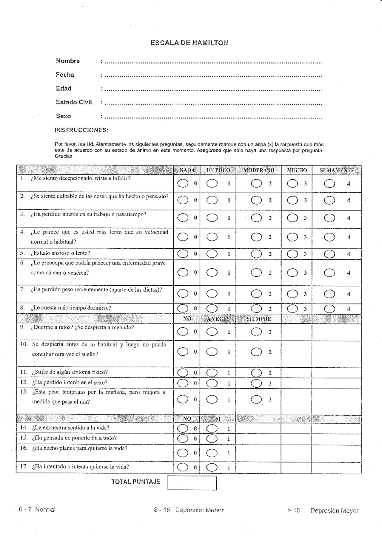 ESCALA DE HAMILTON . TEST PSICOLOGICO - Docsity