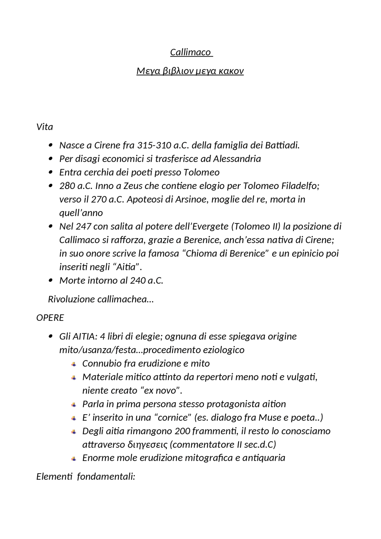 Sintesi Di Callimaco Docsity