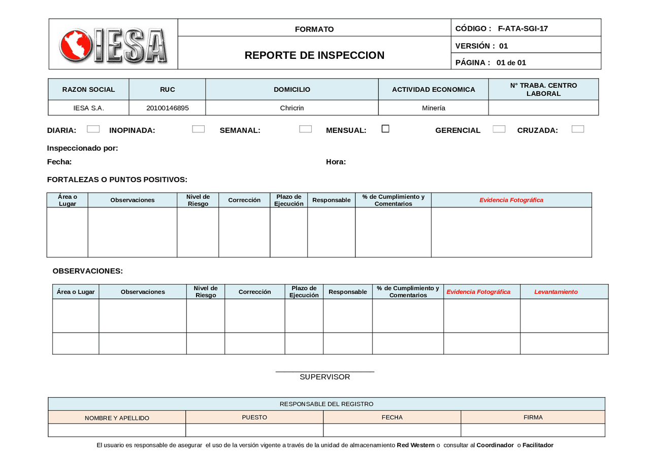 Reporte de inspección interior mina - Docsity
