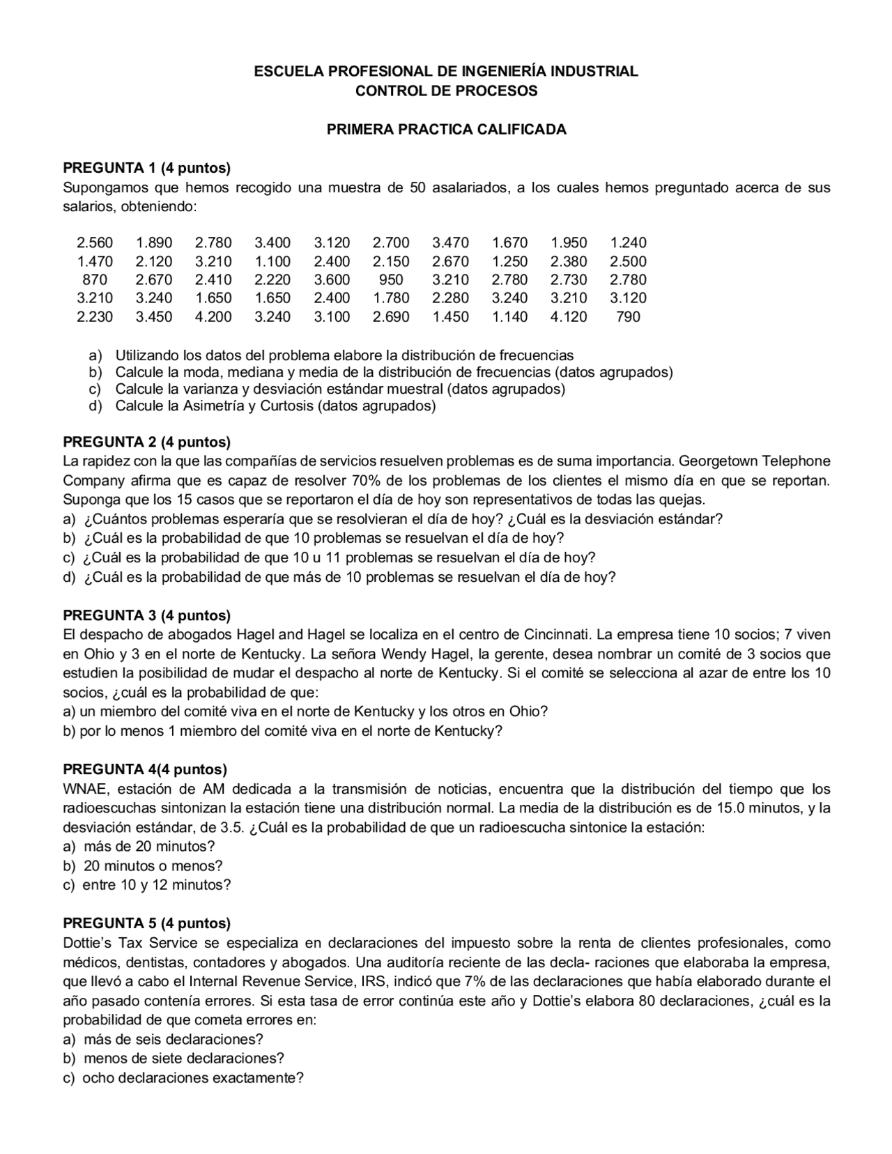 Practica Control de Procesos 2021.pdf | Ejercicios de Control de Procesos | Docsity