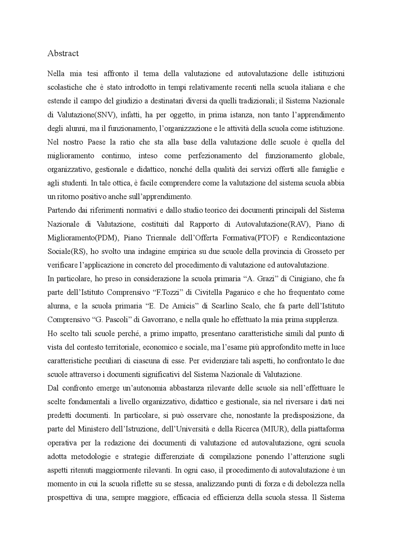 Abstract tesi valutazione e autovalutazione - Docsity