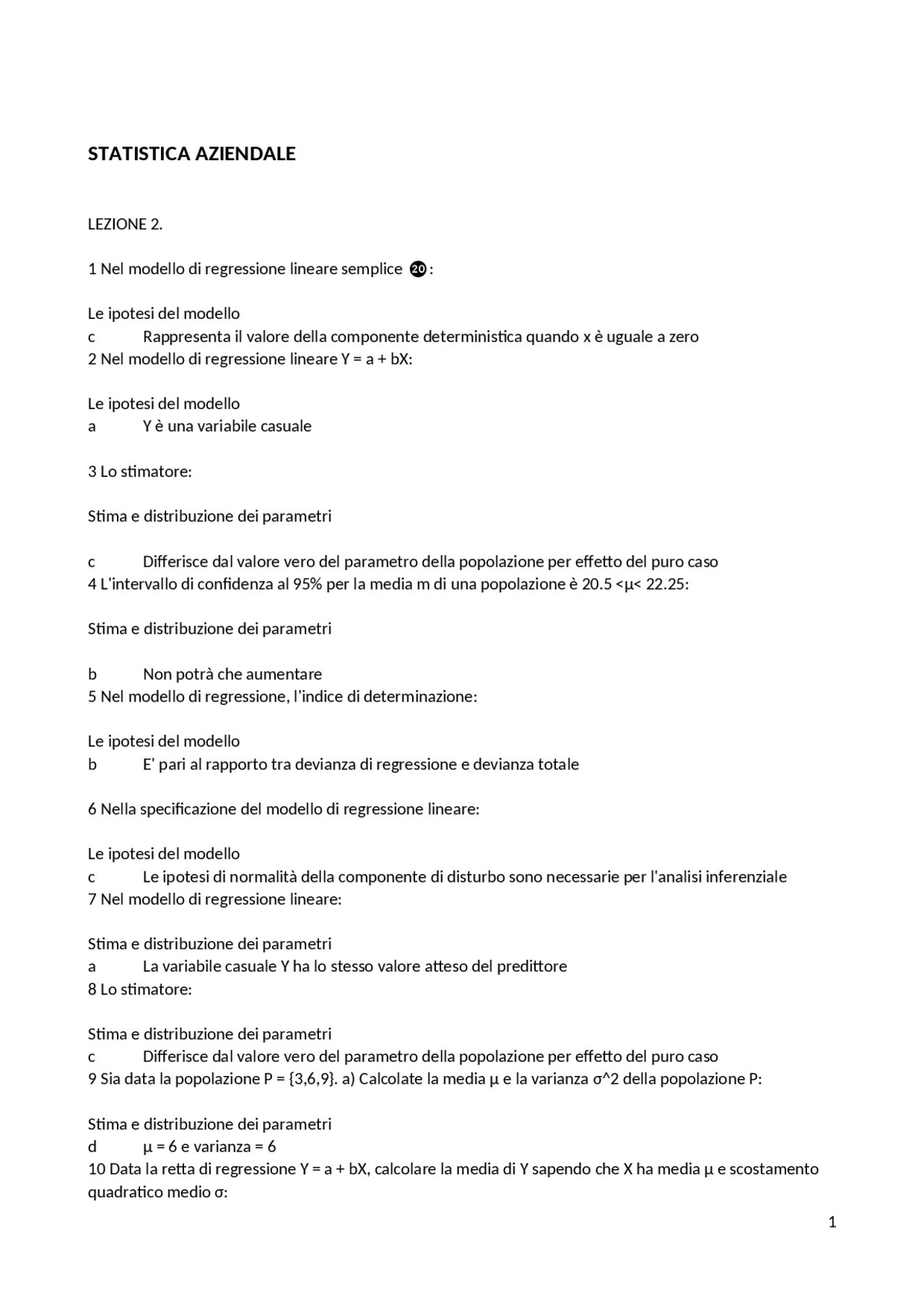 Test Statistica Aziendale UniMercatorum - Docsity