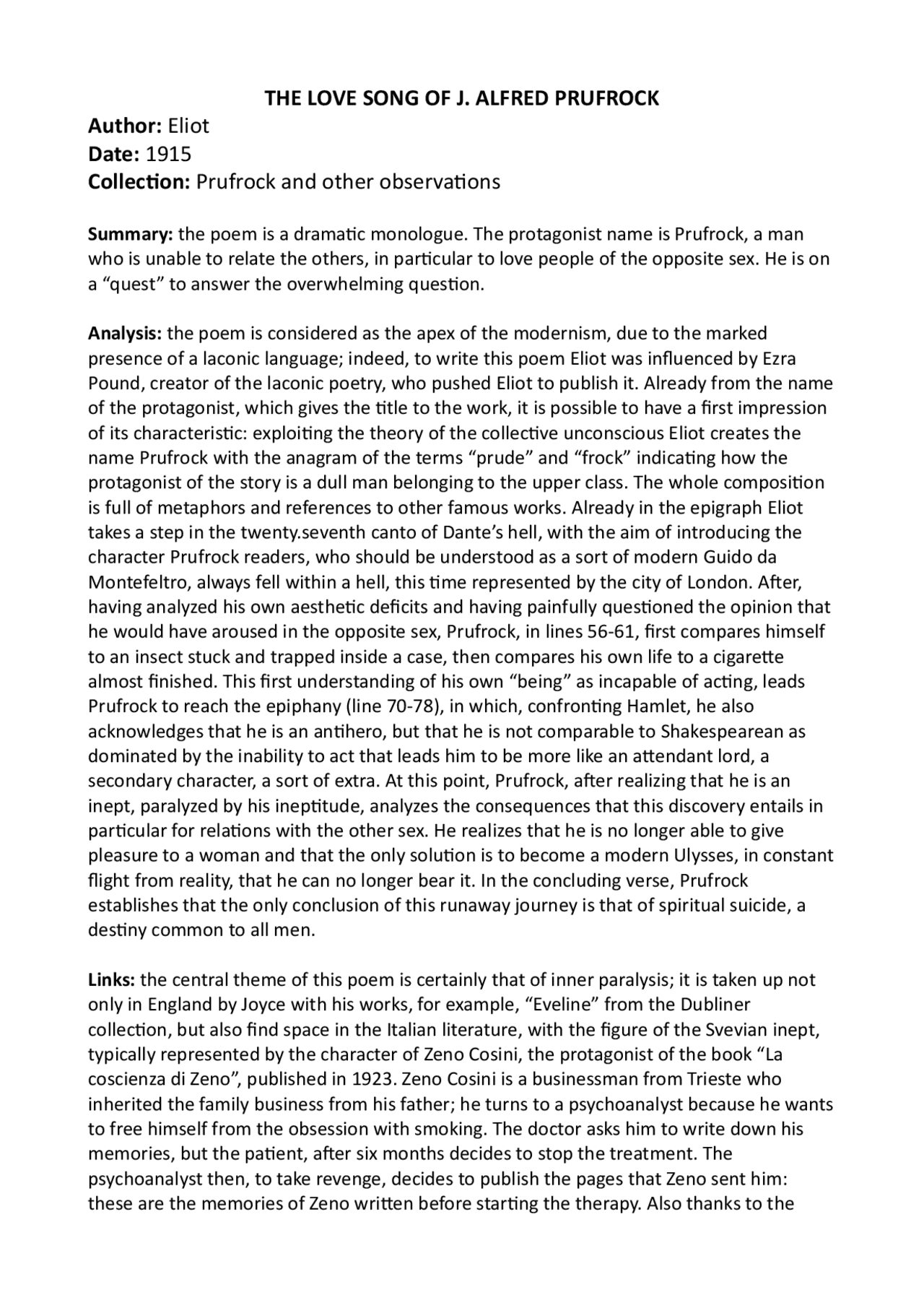 Eliot- the love song of J. Alfred Prufrock - Docsity