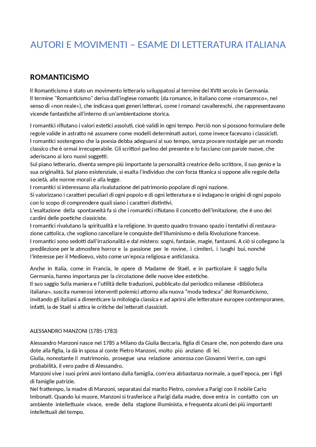 AUTORI E MOVIMENTI 800'-900' | Prove d'esame di Letteratura Italiana | Docsity