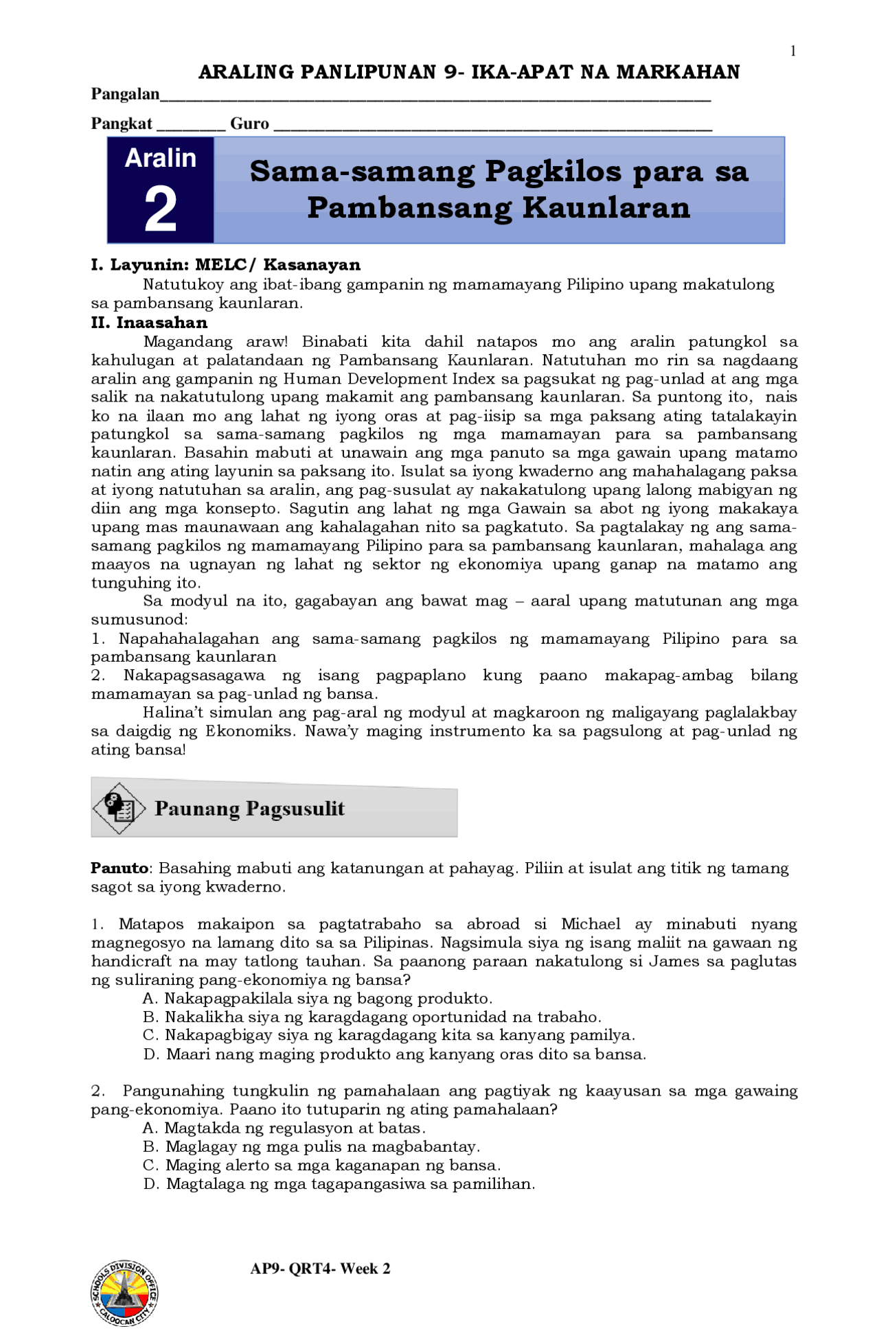 AP Quarter 4 Self Learning Module | Lecture notes Economics | Docsity