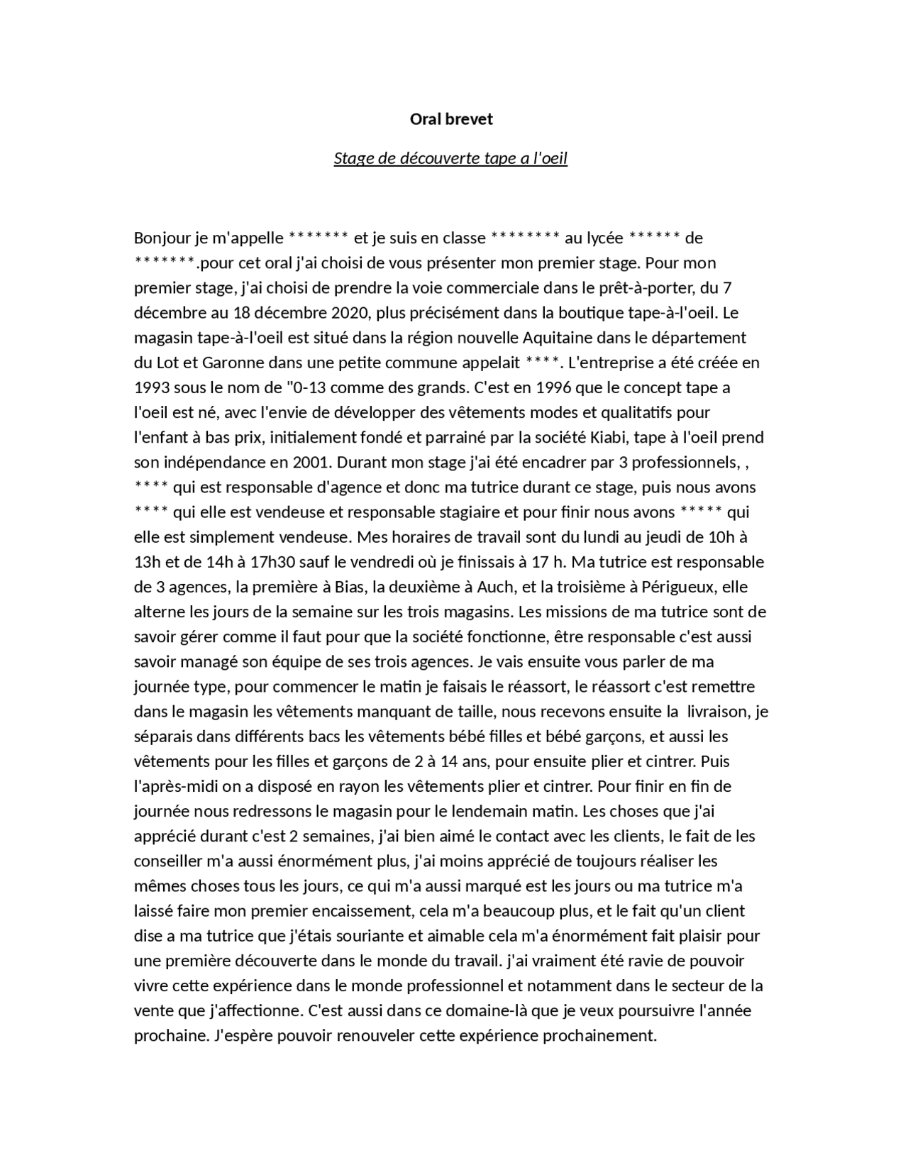 Exemple Oral Brevet Rapport De Stage Le Meilleur Exemple Oral Brevet