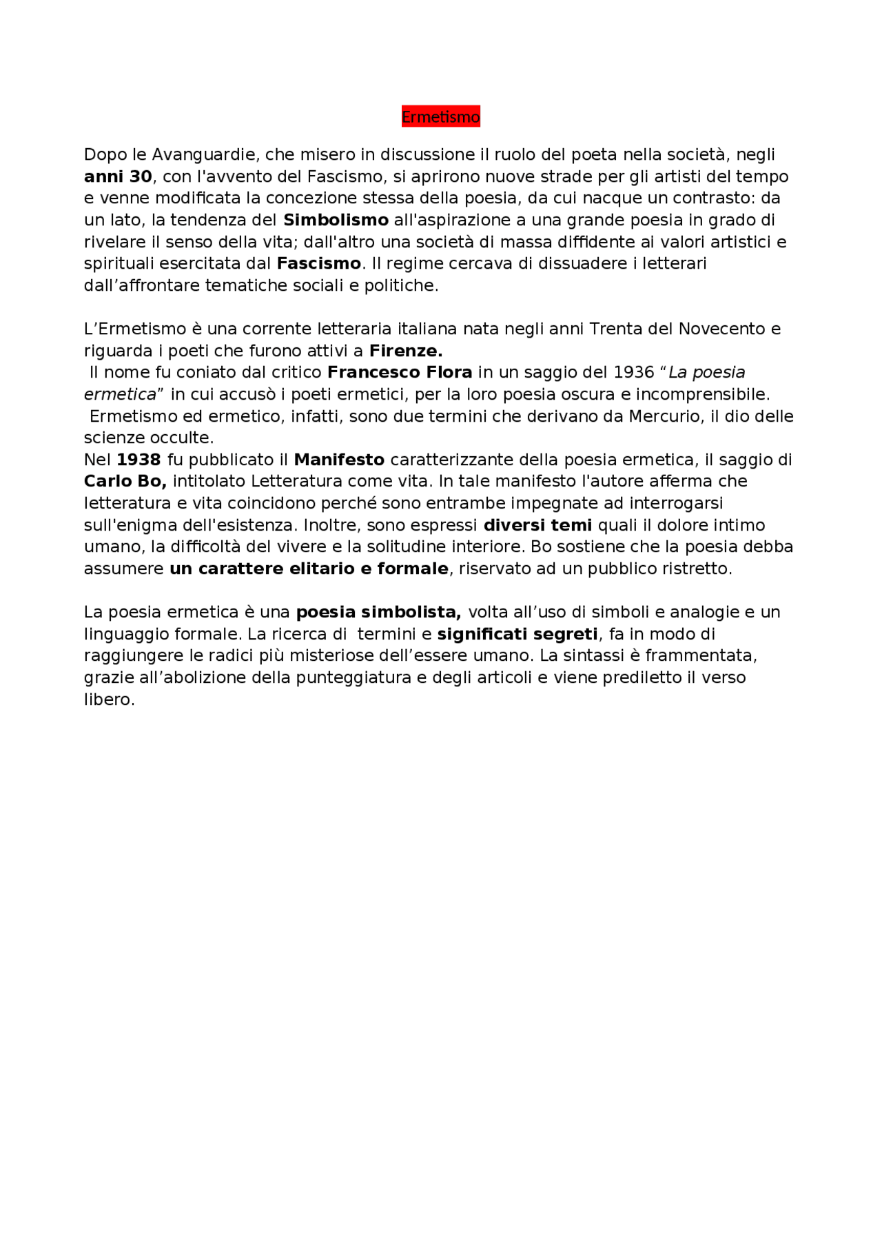 Appunti Su Ermetismo E Ungaretti Docsity