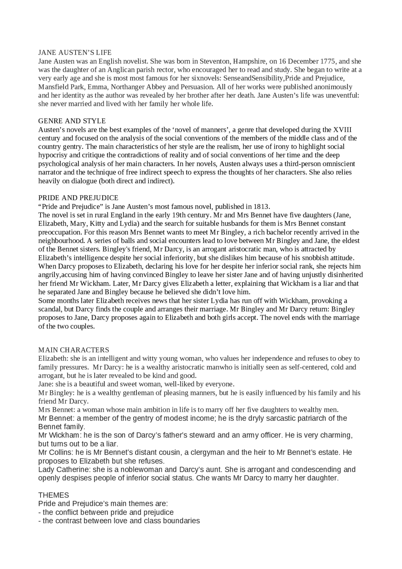 Pride and prejudice Austen | Sintesi del corso di Inglese | Docsity
