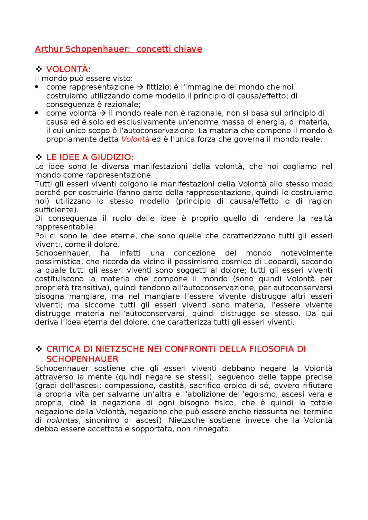Schopenhauer I Concetti Chiave Docsity