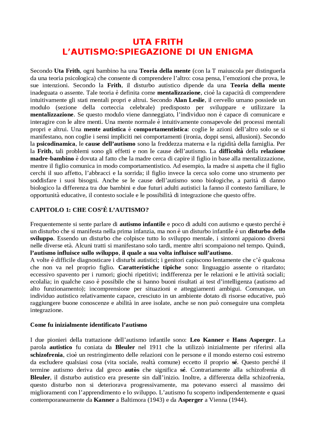 Uta Frith Riassunto Del Libro Docsity