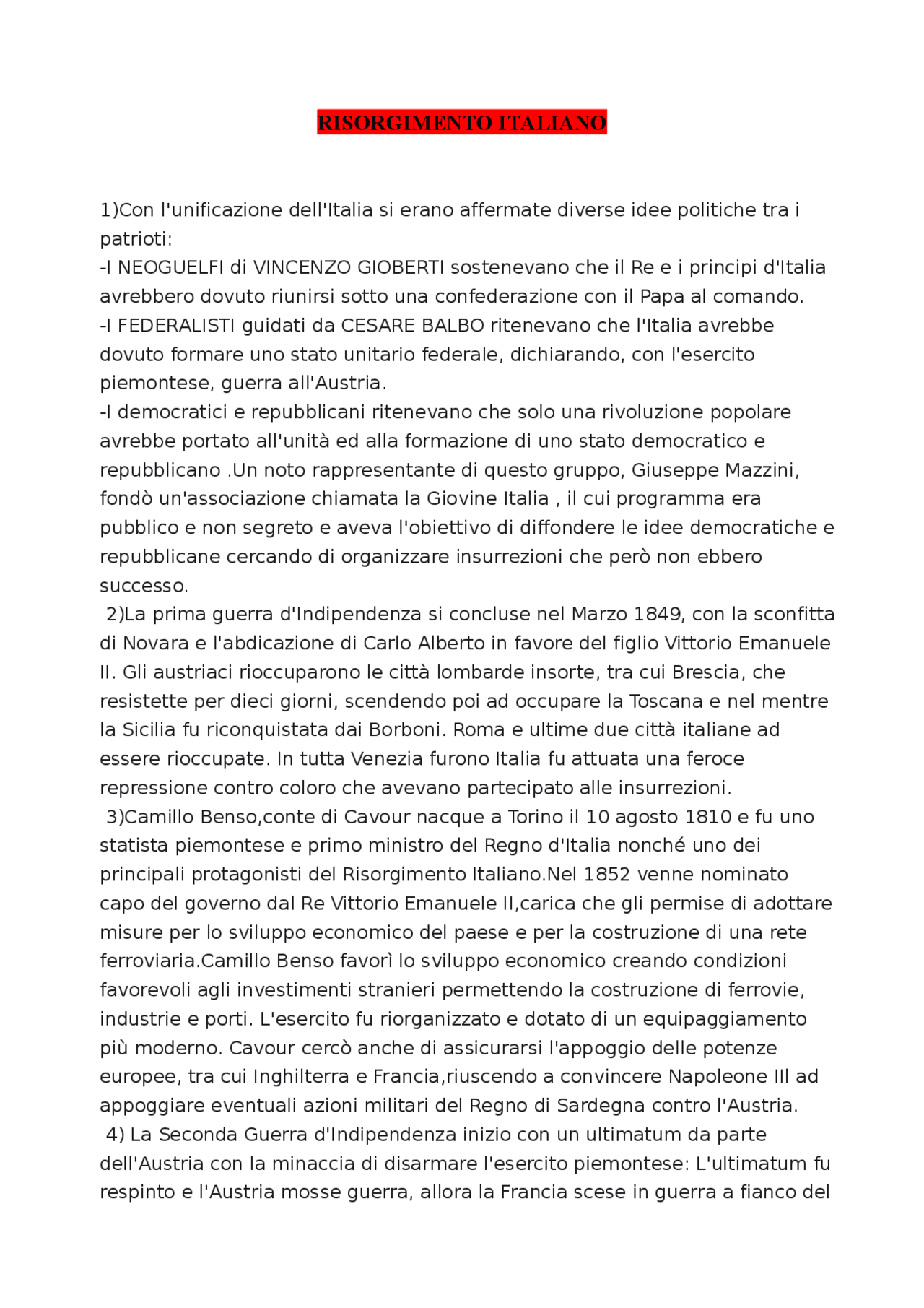IL RISORGIMENTO ITALIANO - Docsity