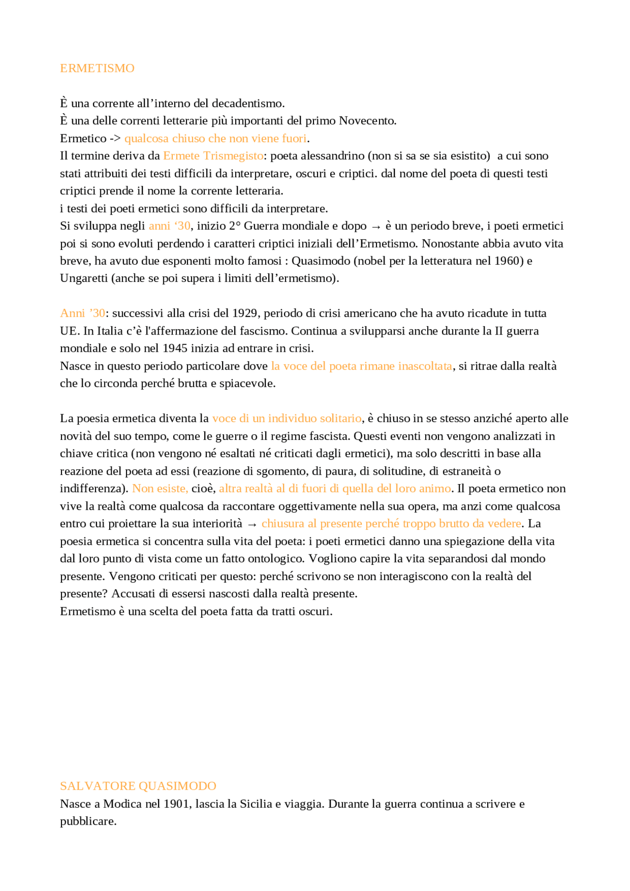 Ermetismo E Quasimodo Docsity