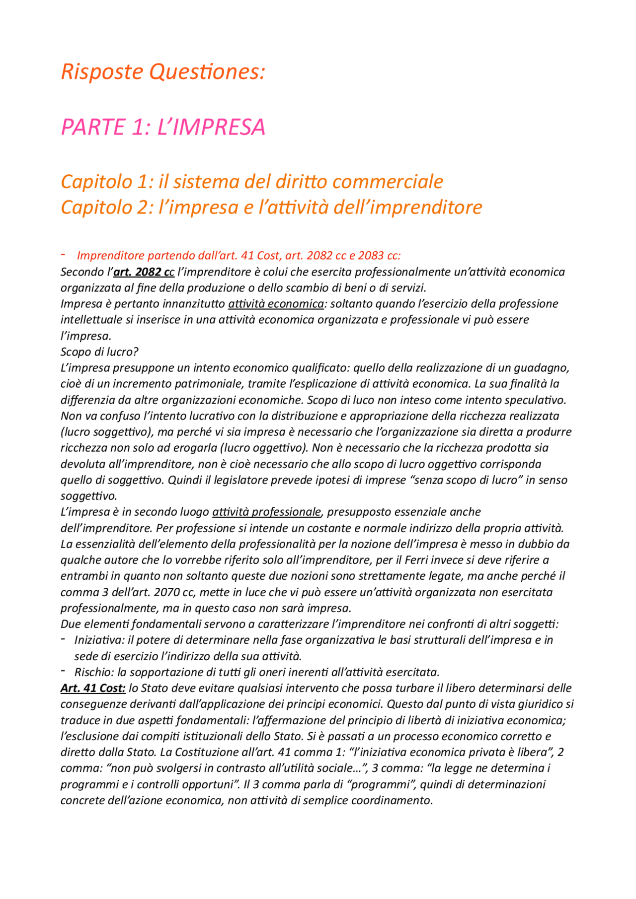Diritto Commerciale I: Domande e risposte Quaestiones (Ferri) - Docsity