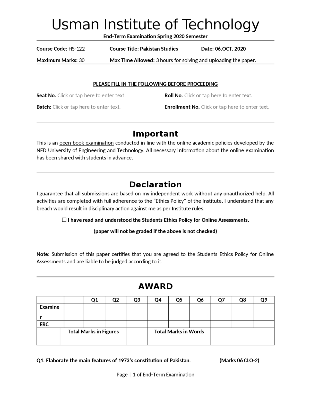 Uit exam final Pakistan studies - Docsity