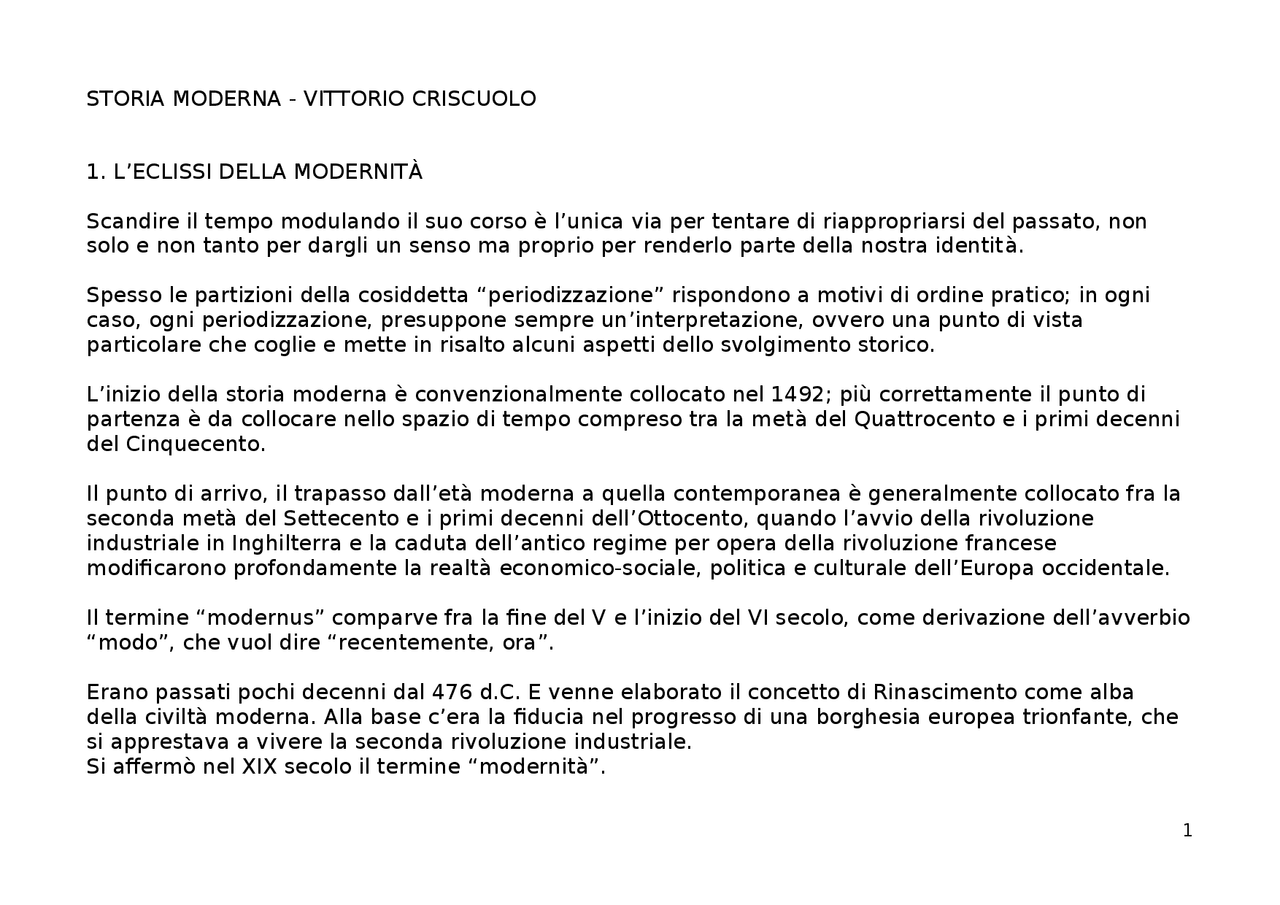 Storia Moderna Vittorio Criscuolo Docsity