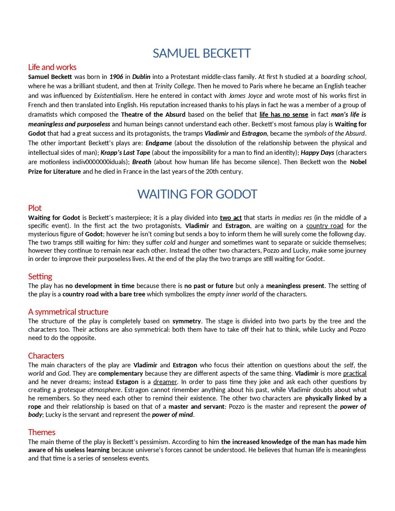 SAMUEL BECKETT - WAITING FOR GODOT - Docsity