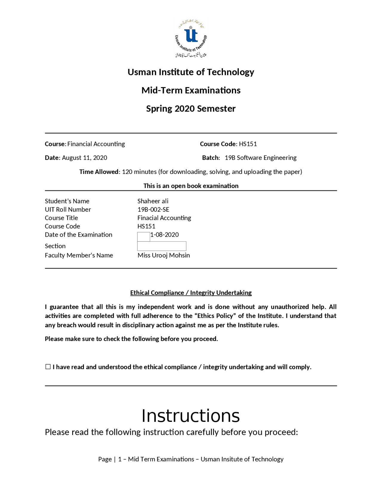 Mid term exam for uit student's | Assignments Calculus | Docsity