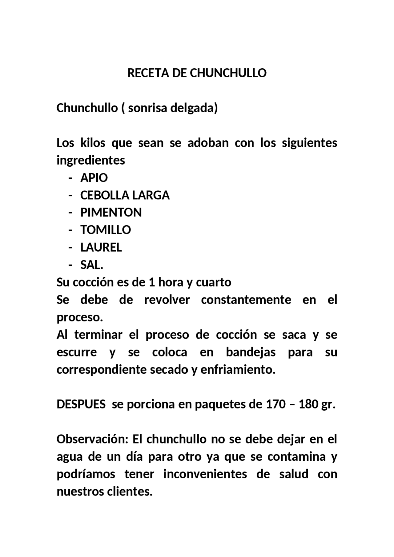Receta chunchullo para manantial - Docsity