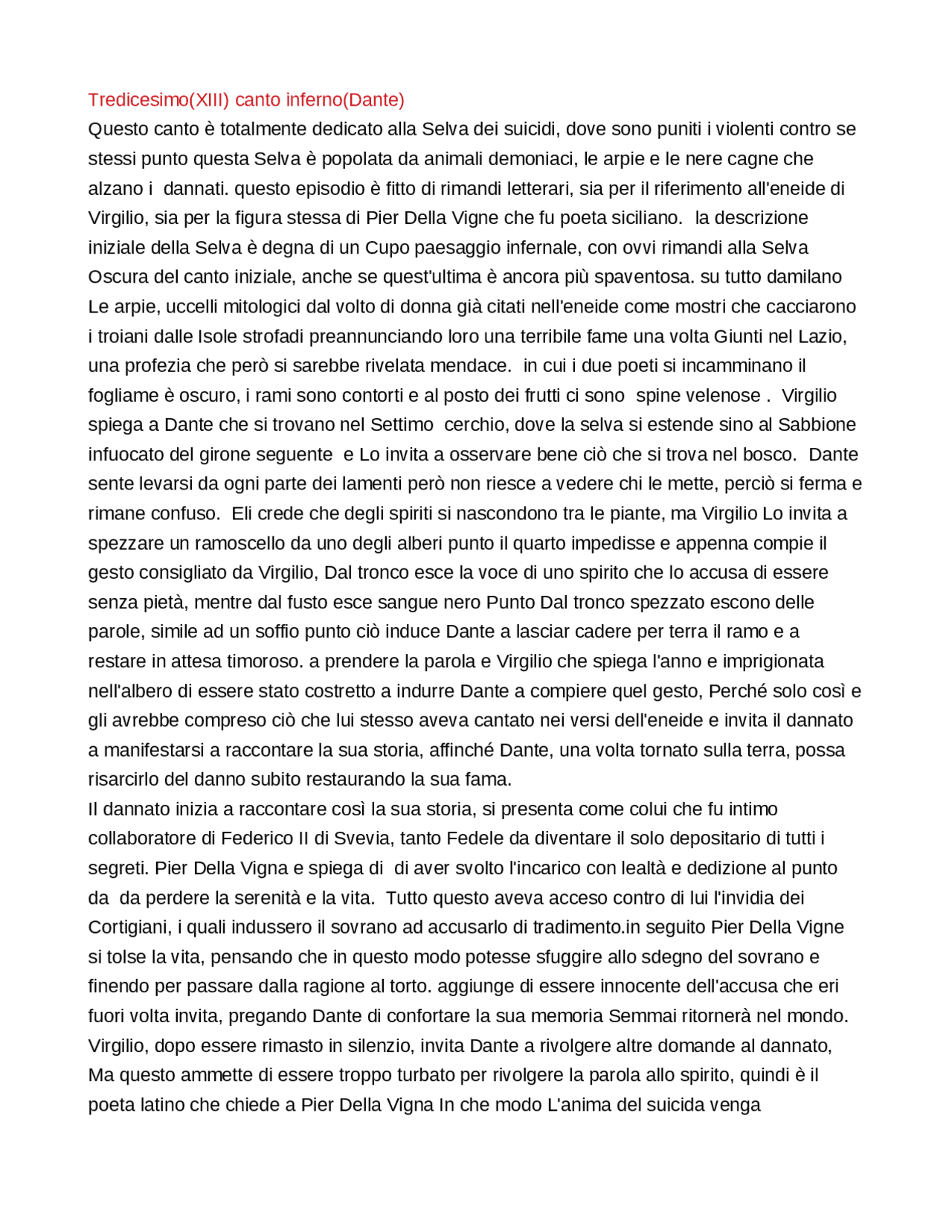 Canto XIII inferno (Divina Commedia Dante) - Docsity
