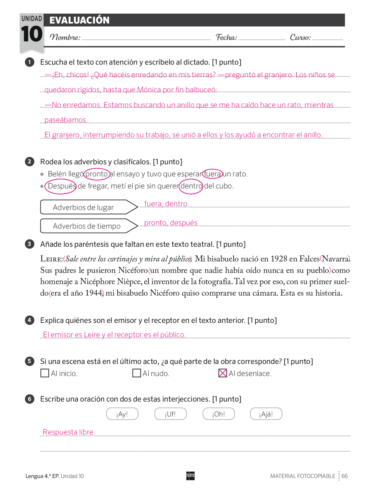 LENGUA 4º PRIMARIA TEMA 10 | Exámenes de Lengua y Literatura | Docsity
