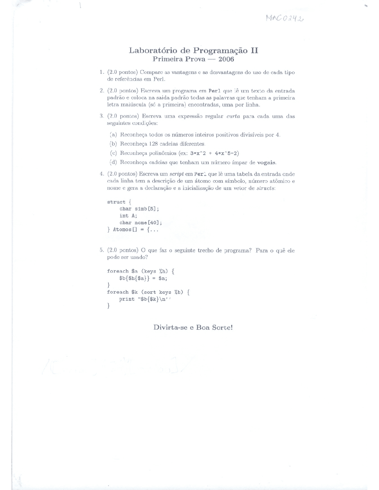 Prova Sobre A Escritura De Um Programa E Um Script Em Perl Docsity