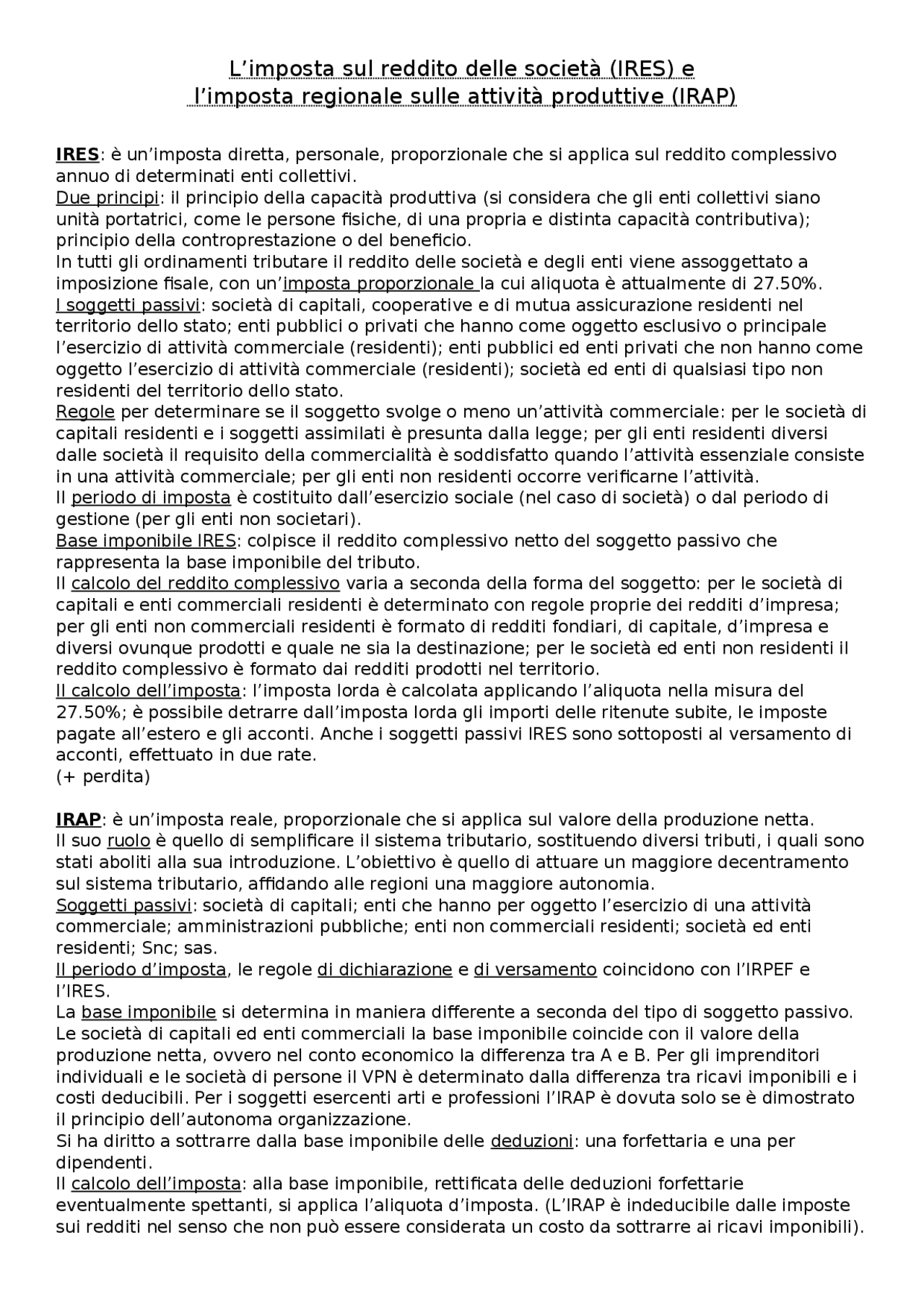 Imposte Ires E Irap Appunti Di Diritto Ed Economia Politica Docsity