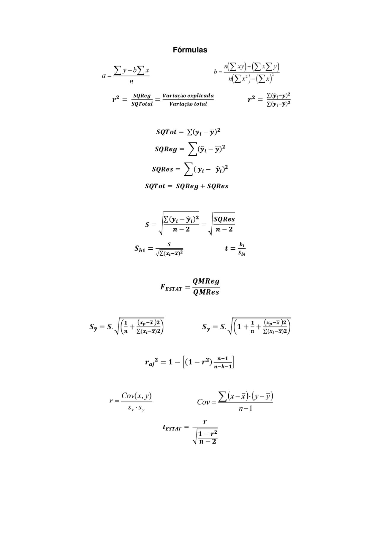 Lista de fórmulas para dados estadísticos - Docsity