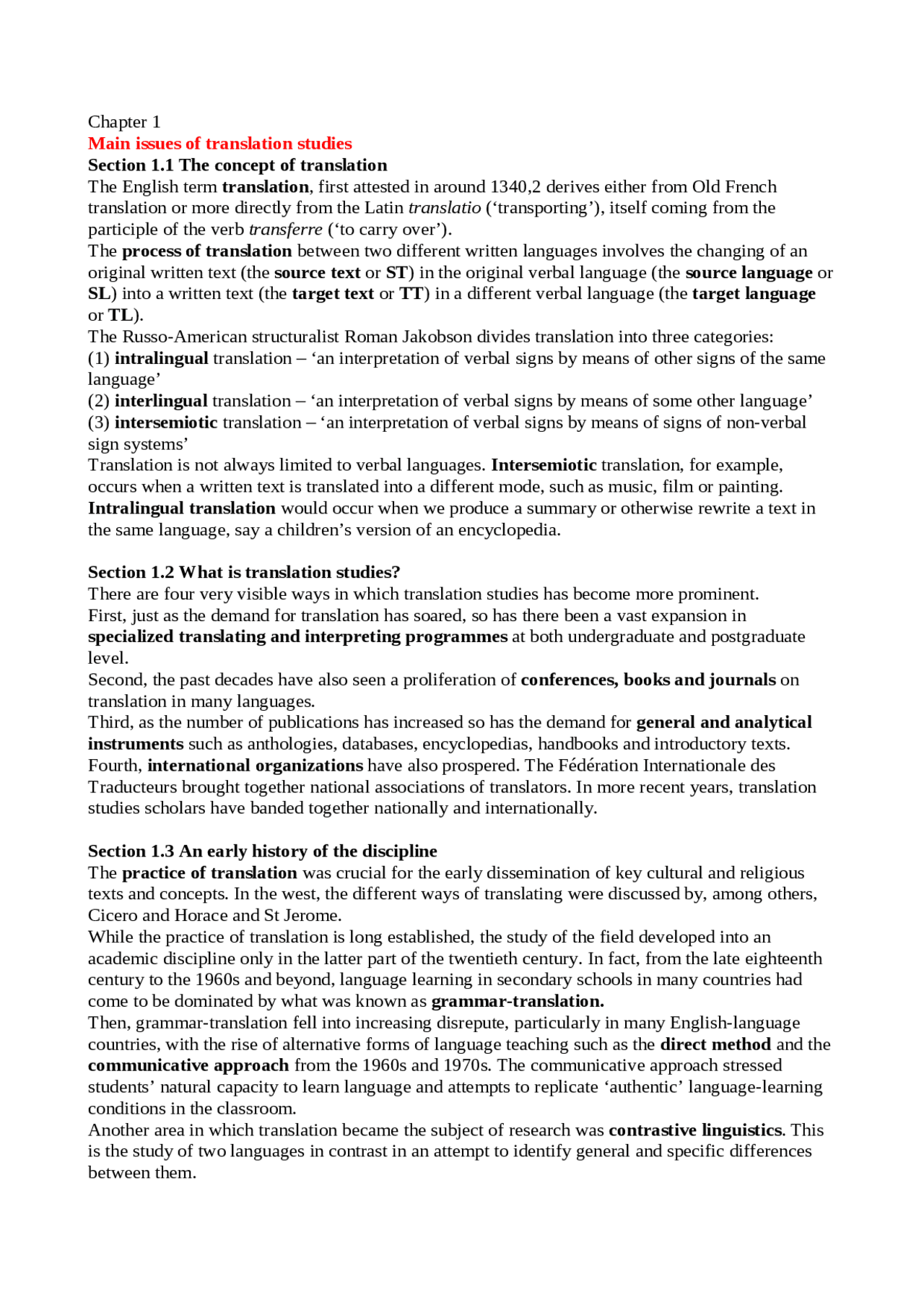 Introducing Translation Sudies, chapters 1, 2, 3 (summary) - Docsity