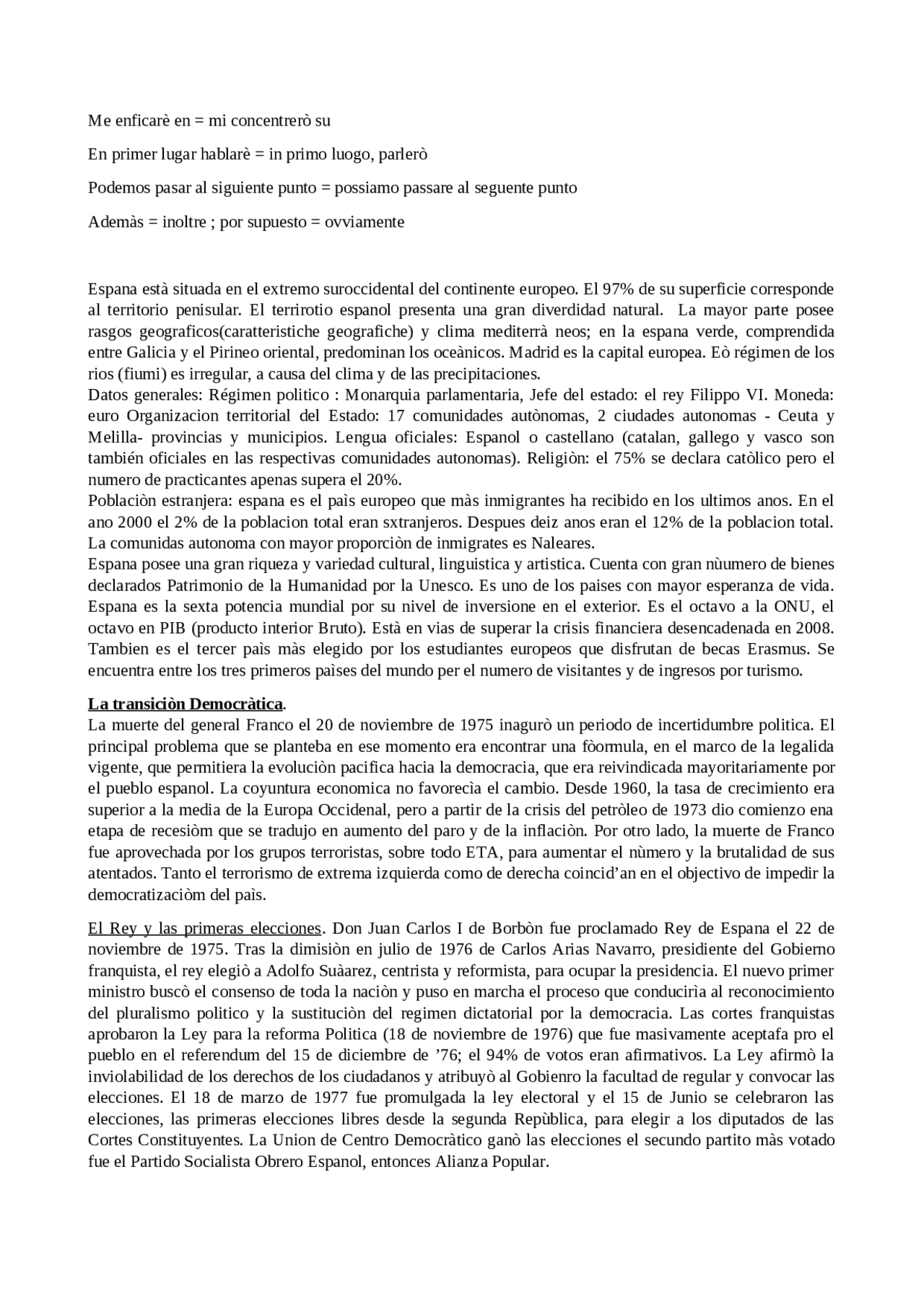 Materiale Esame Orale Lingua Spagnola I Docsity