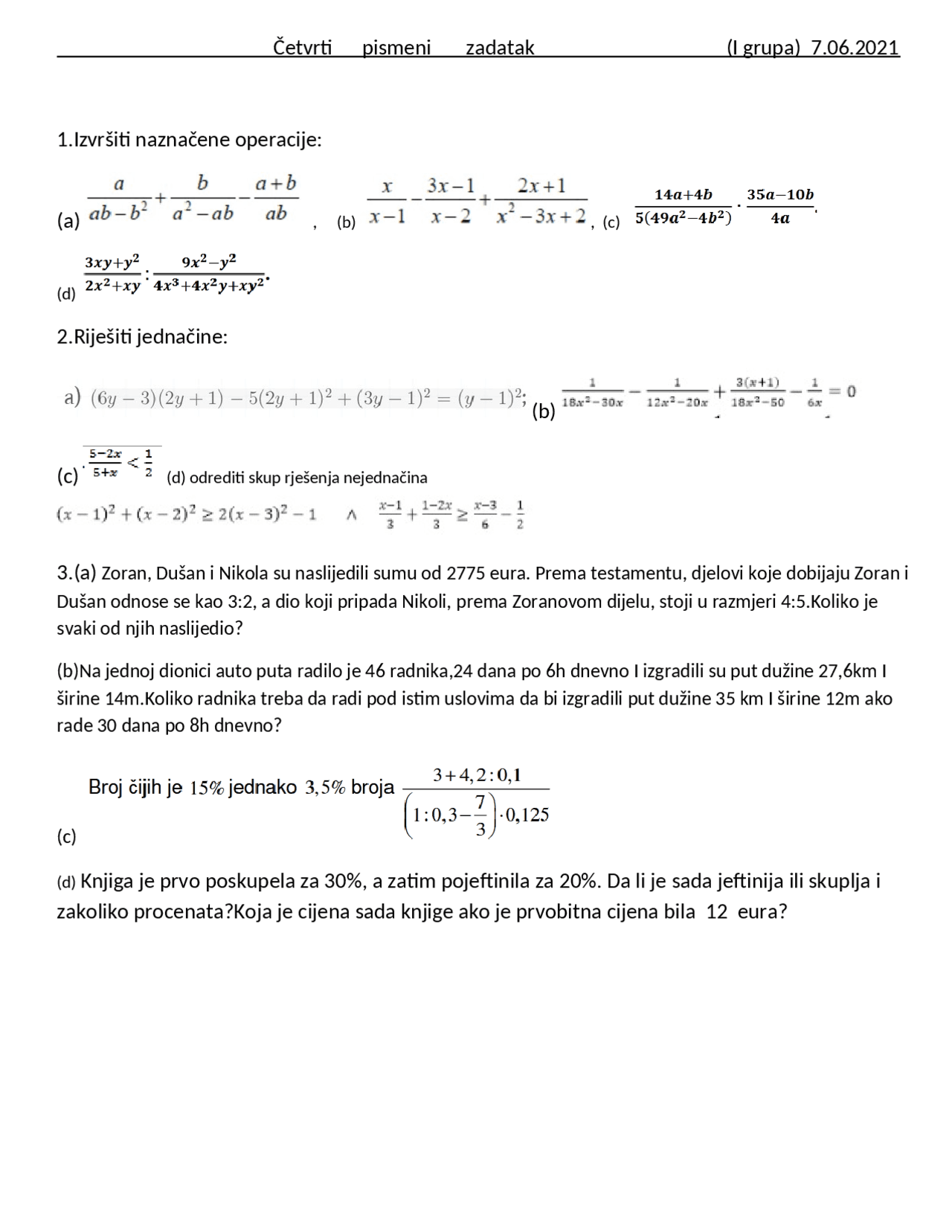 Pismeni zadatak za prvi gimnazije | Ispiti' predlog Matematika | Docsity