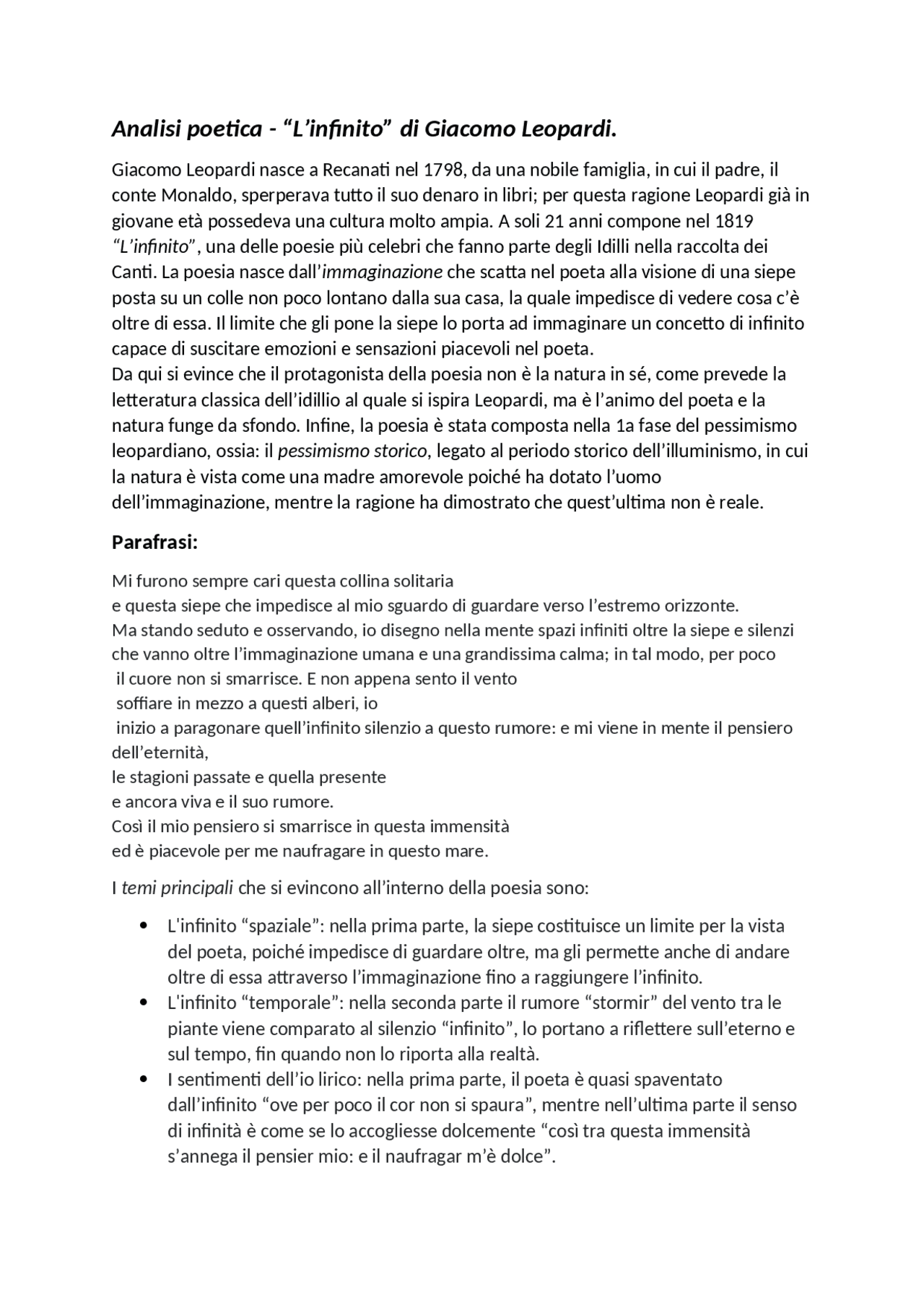 Analisi del testo dell'Infinito di Giacomo Leopardi - Docsity