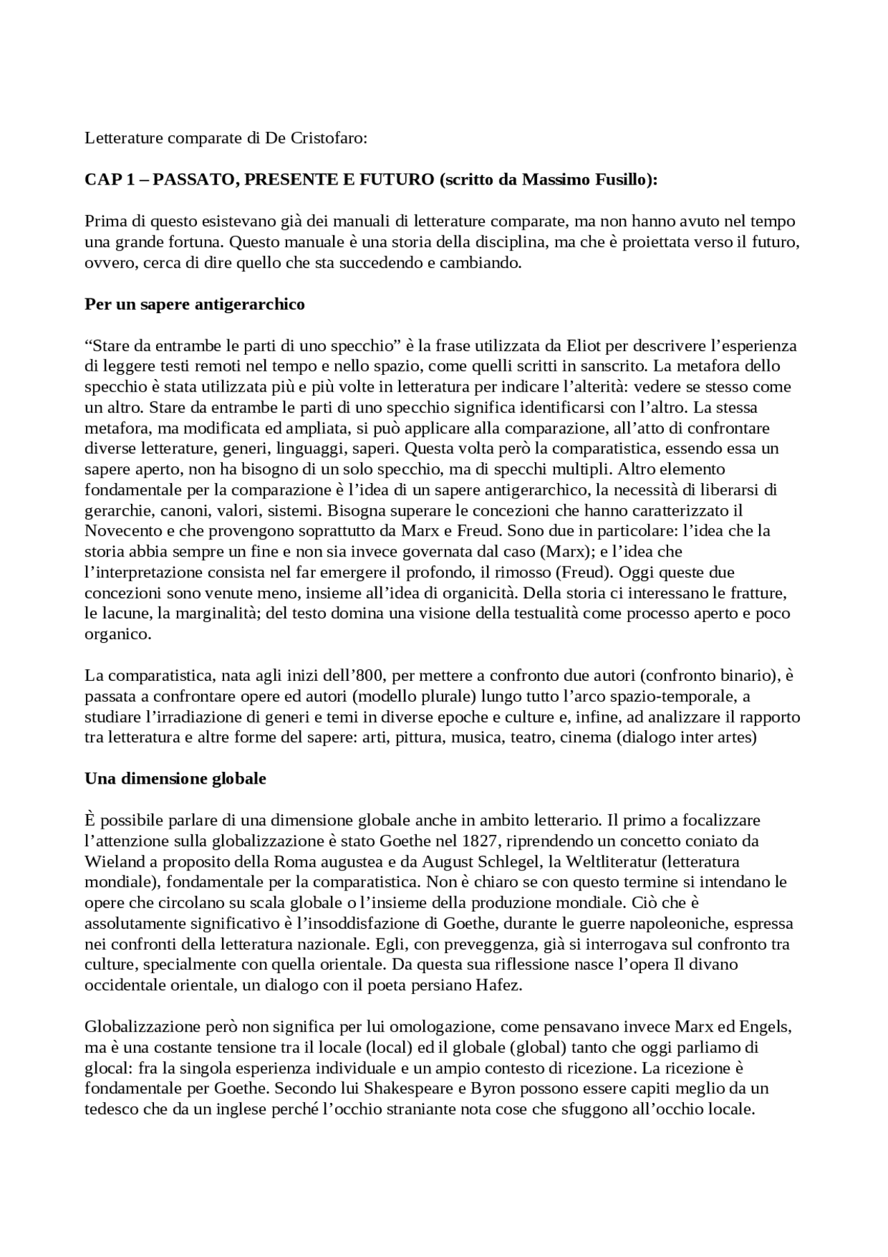 Riassunto De Cristofaro Dispense Di Letterature Comparate Docsity