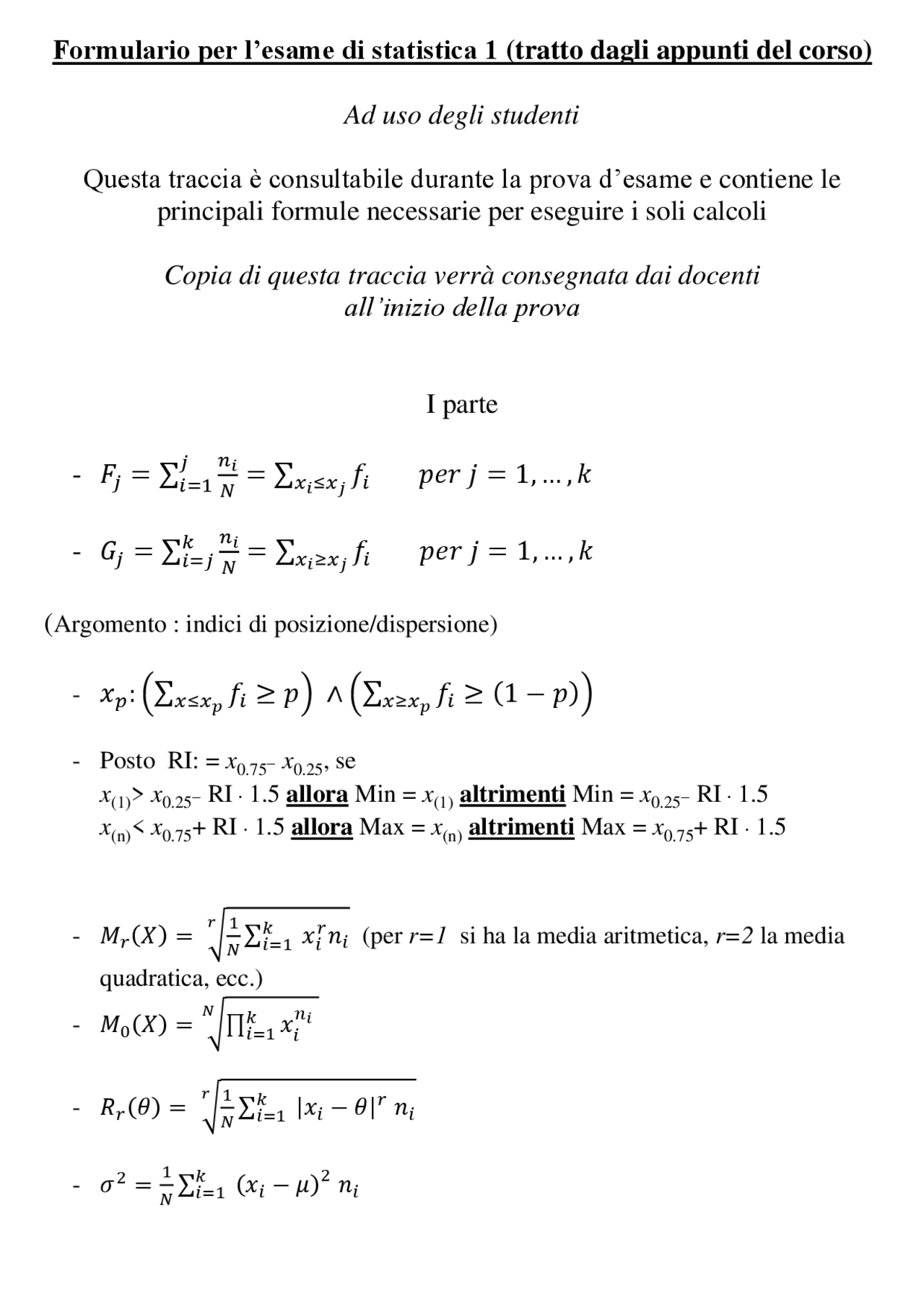 Formule Esame Statistica Docsity
