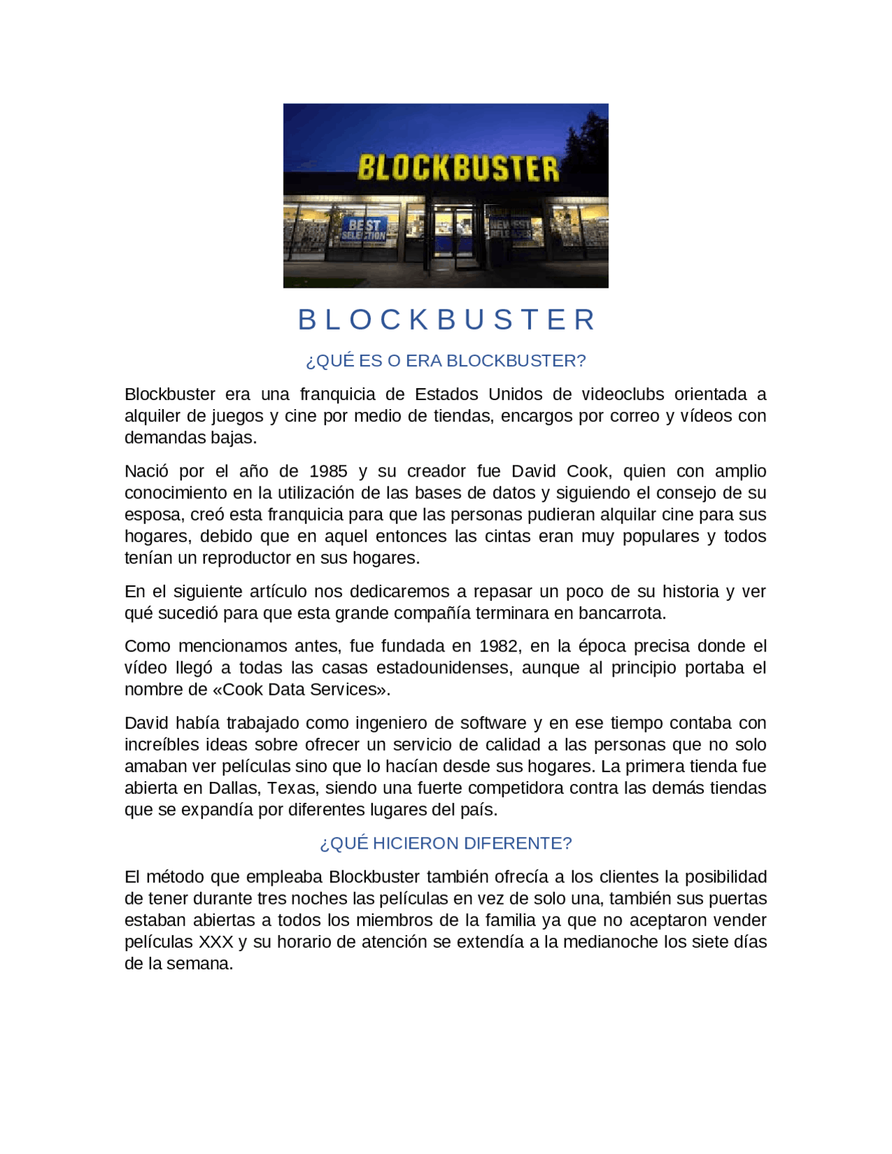 Historia De Blockbuster Docsity