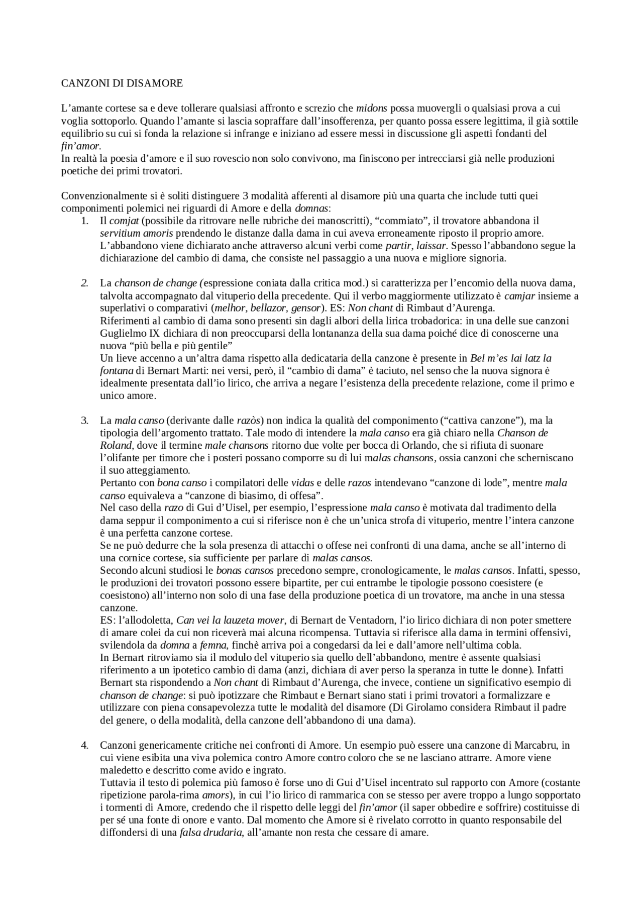 Canzoni di disamore appunti e dispensa - Docsity