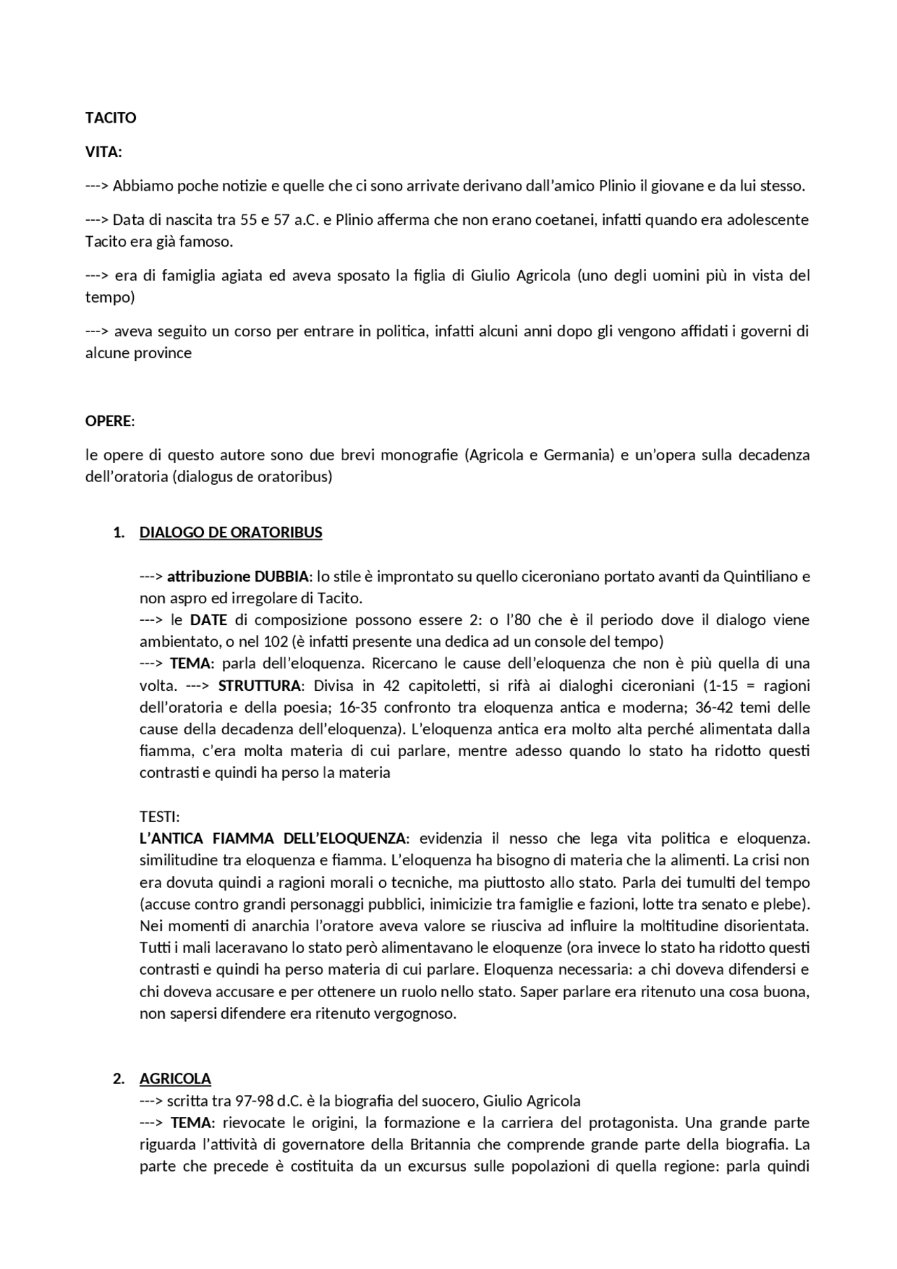 Appunti Su Tacito E Opere Docsity
