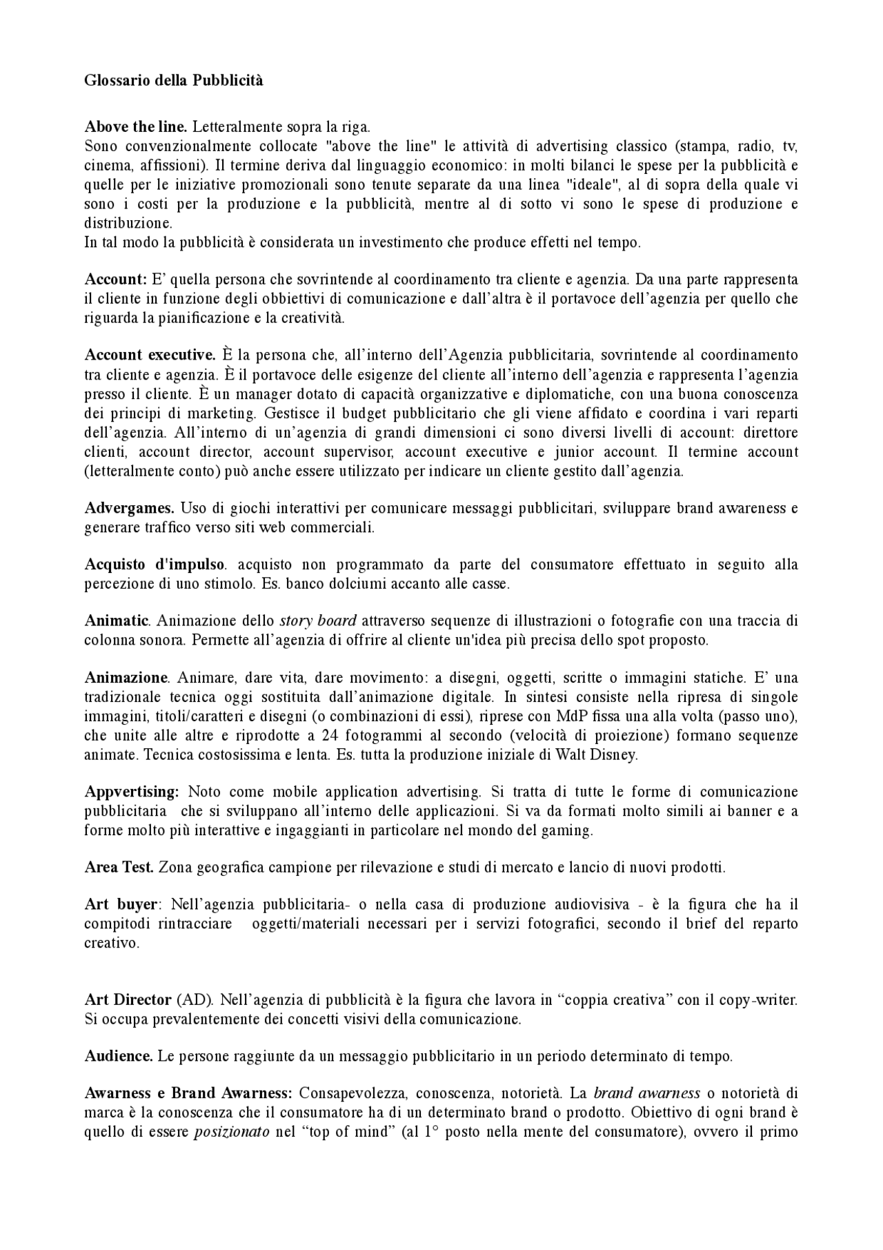 Glossario Pubblicità Teorie E Tecniche Di Mauro Ferraresi Docsity