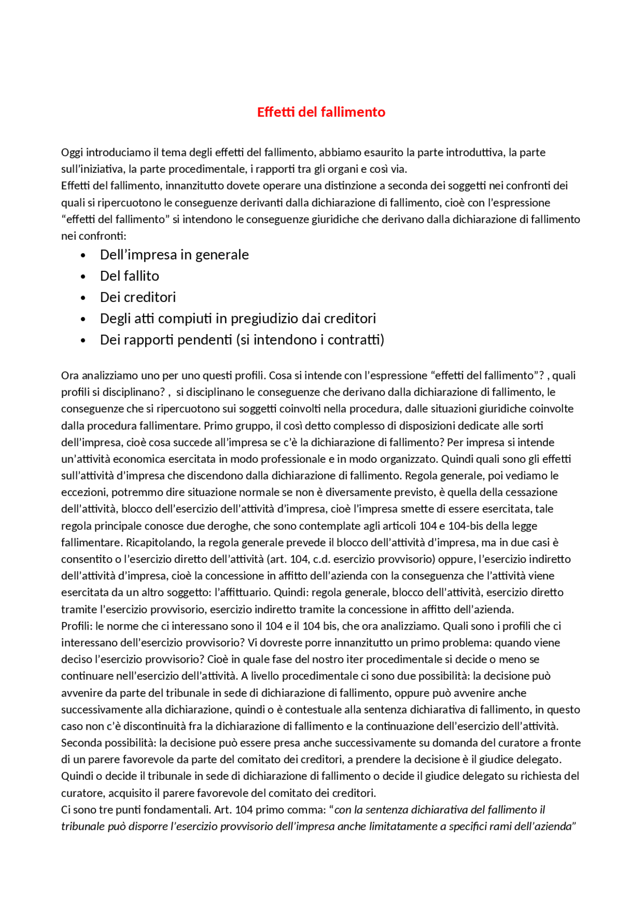 Effetti Del Fallimento Docsity