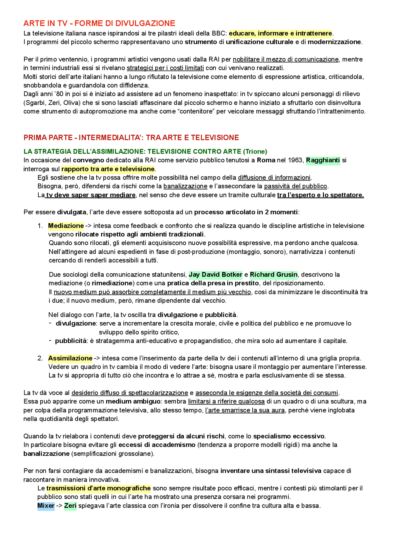 Arte In Tv Forme Di Divulgazione Appunti Docsity