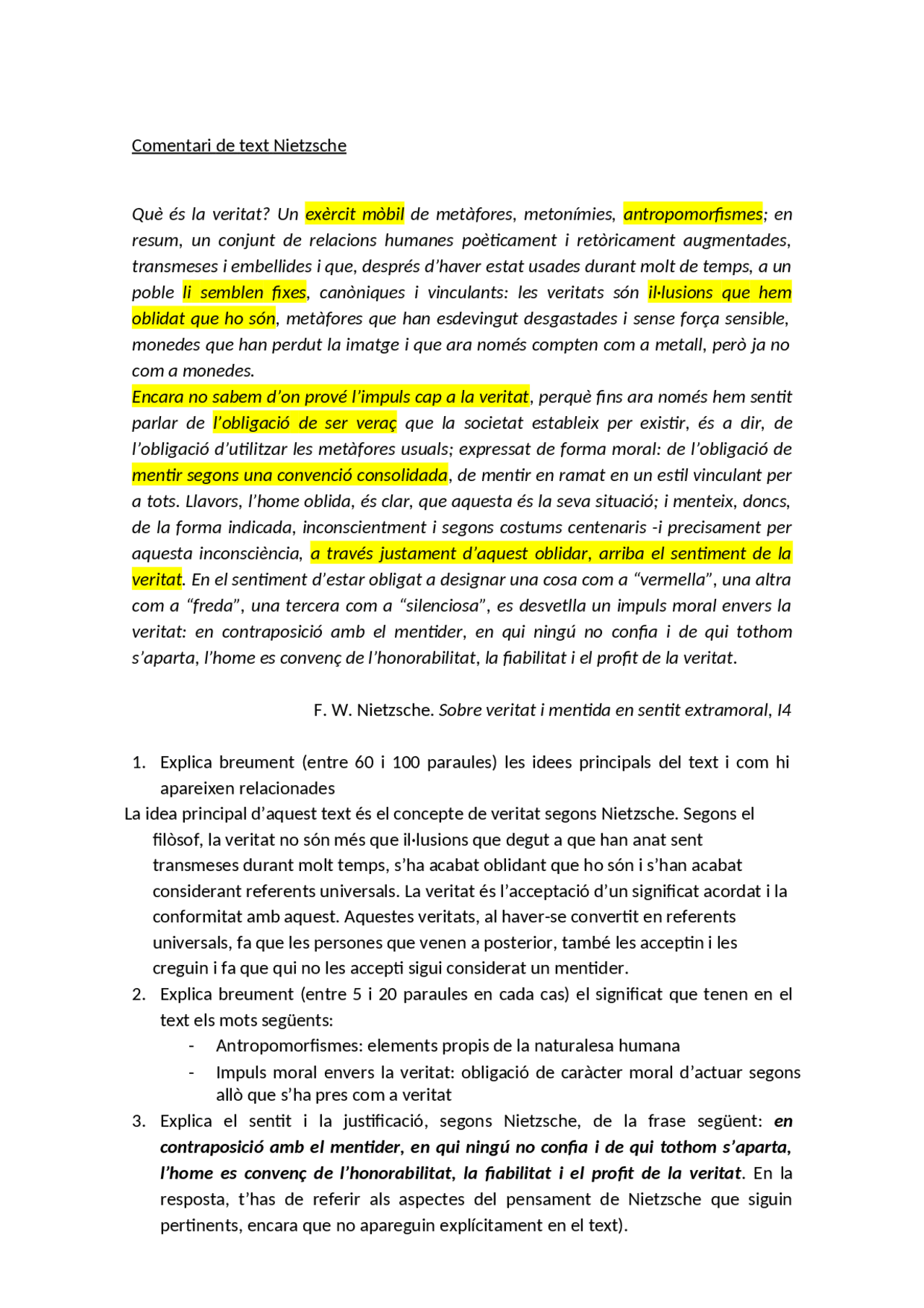 Comentari de text Nietzsche resolt | Ejercicios de Historia de la Filosofía | Docsity