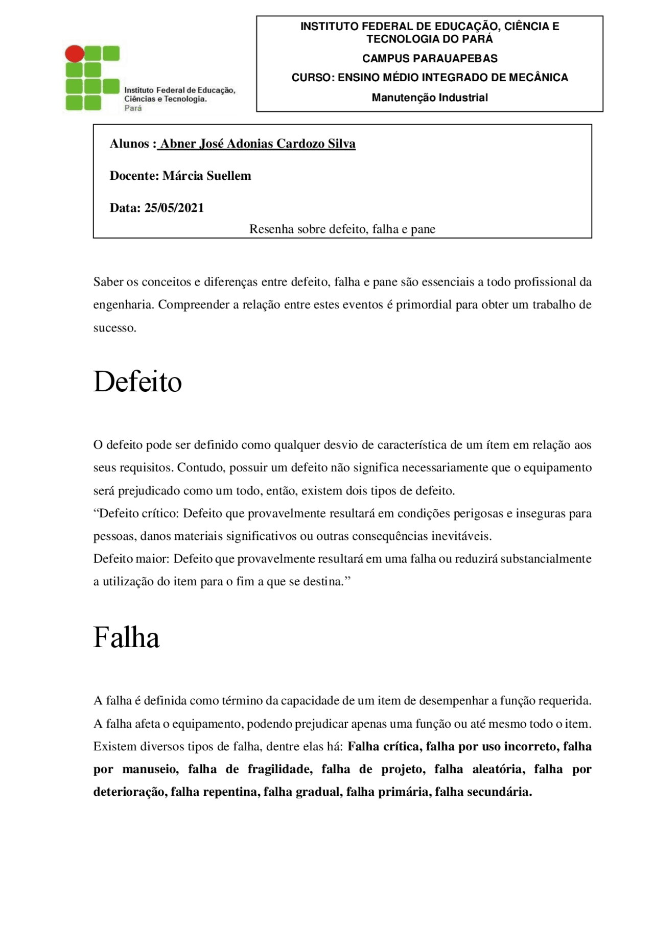 Defeito Pane E Falha Docsity