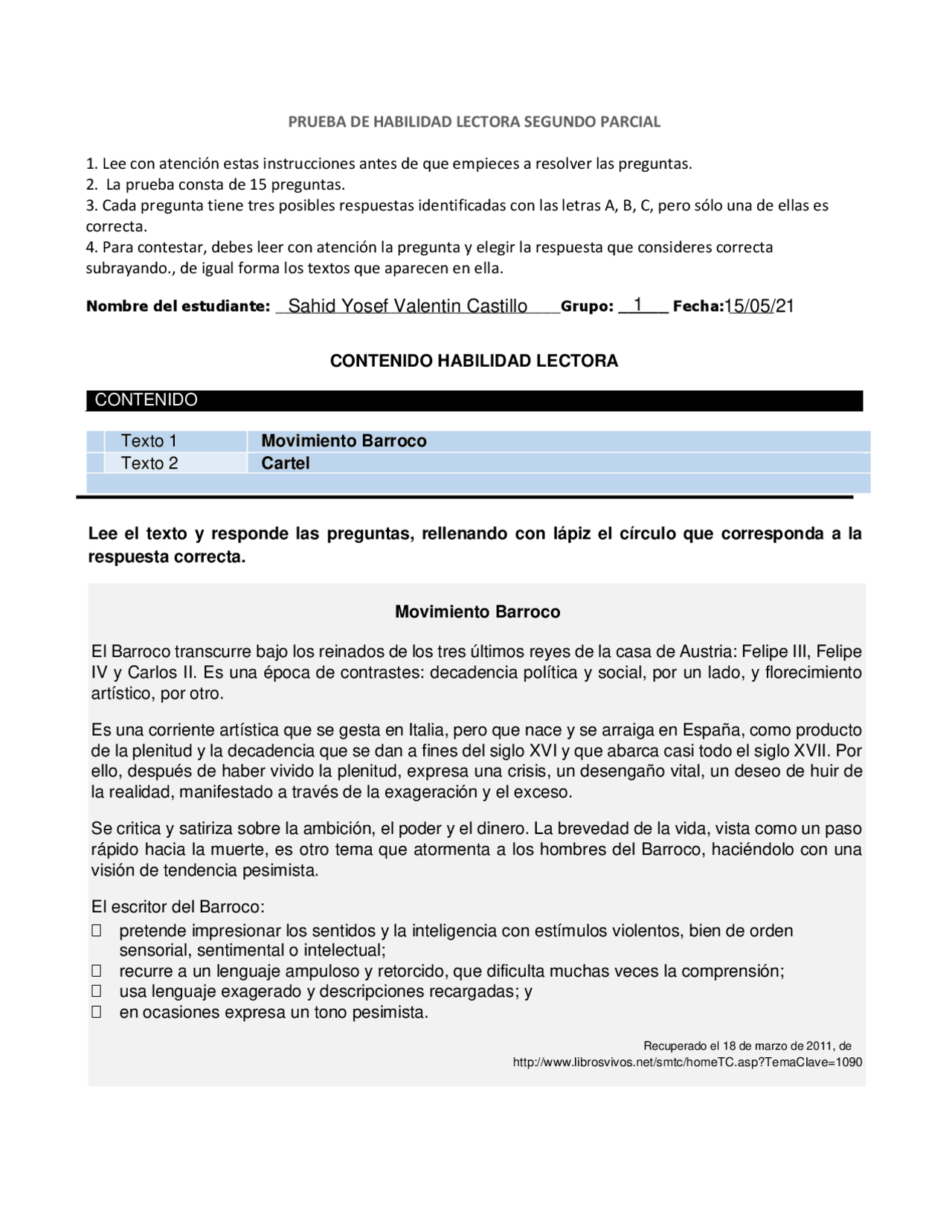 Prube de habilidad lectora - Docsity